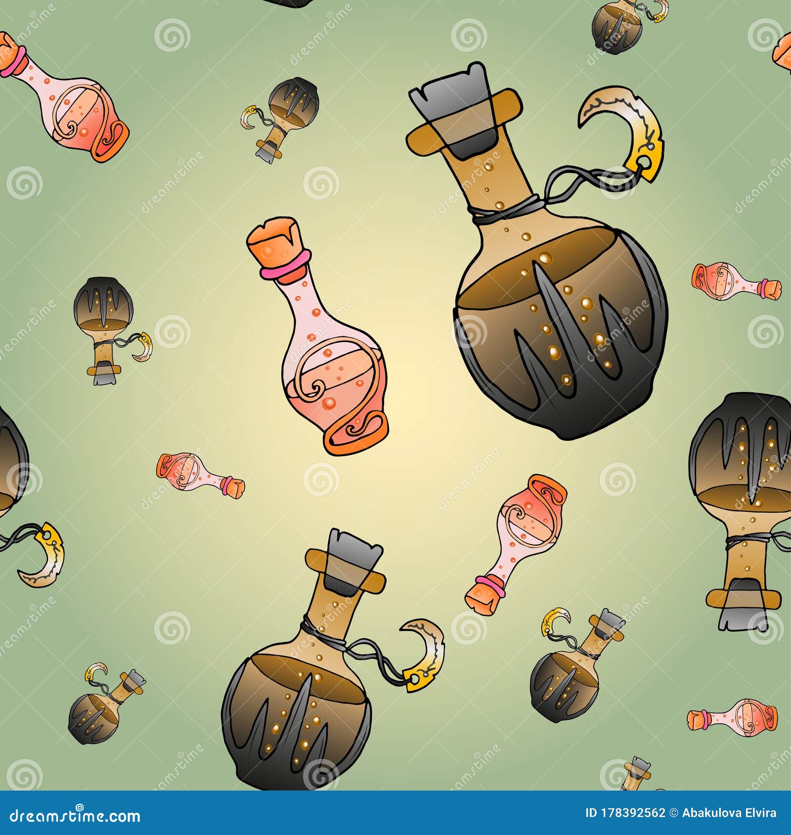 Seamless Pattern with Colorful Bottles with Magic Potion Stock Vector ...