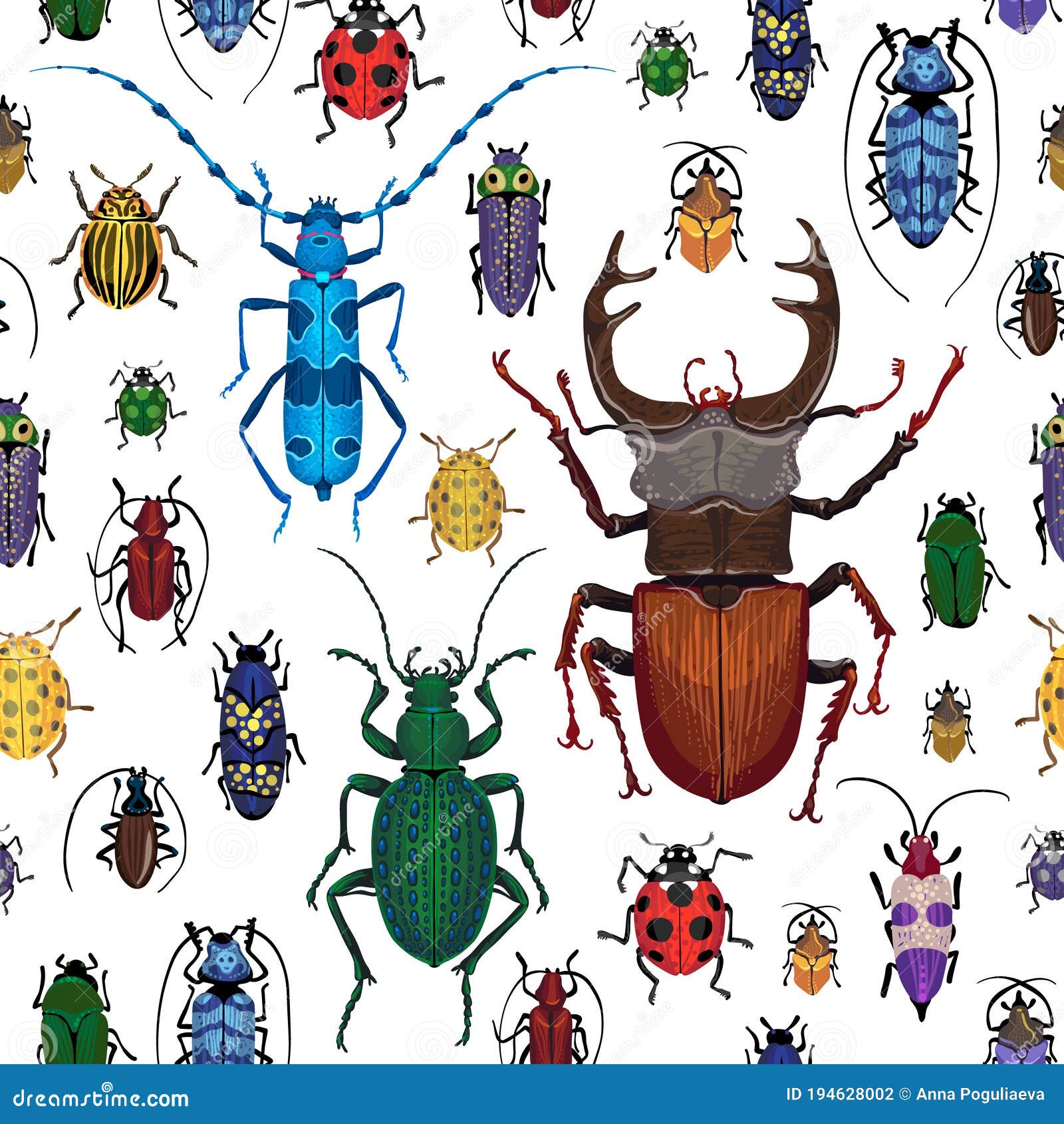 Seamless Pattern with Colorful Bugs. Bright Handdrawing of Beetles ...