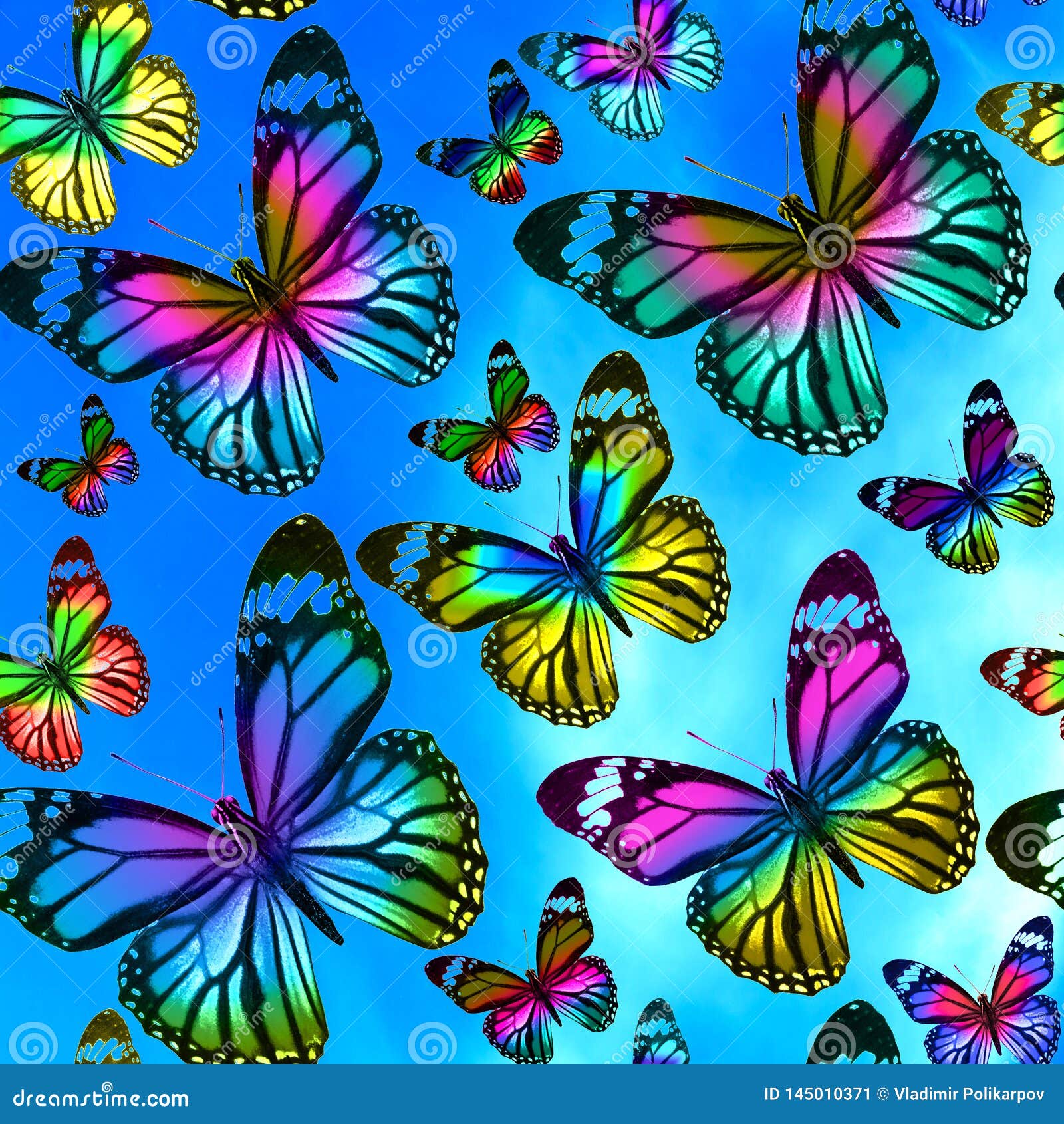 Seamless Pattern with Colorful Butterflies Against Blue Sky Stock Image ...
