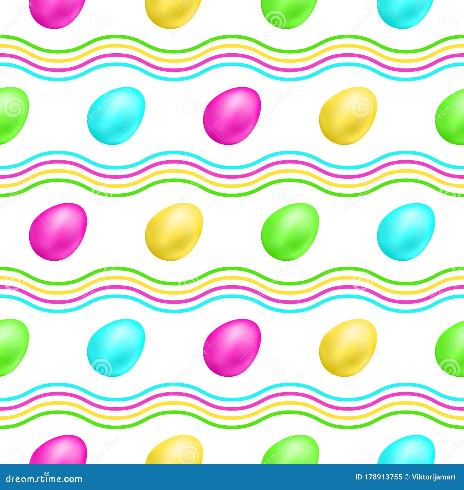 Seamless Pattern with Colorful 3D Easter Eggs and Wavy Lines. Vector Illustration on White ...