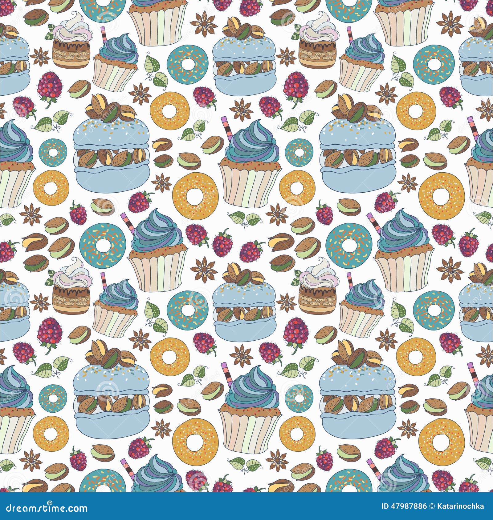 Seamless Pattern of Colorful Desserts Stock Illustration - Illustration ...