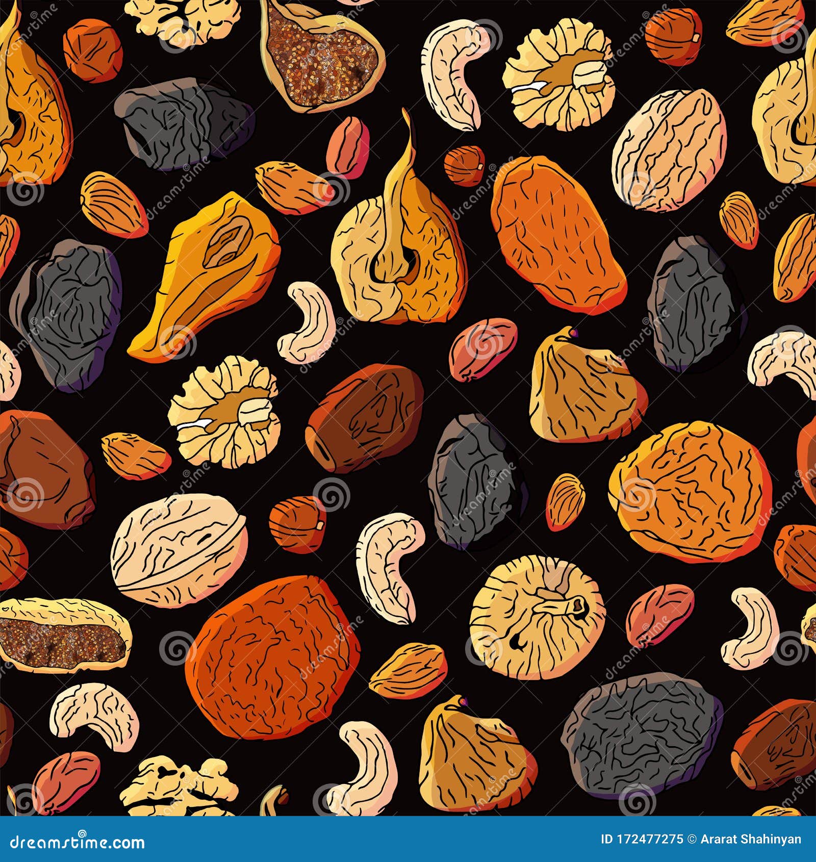 Seamless Pattern with Colorful Different Dried Fruits and Nuts Stock ...