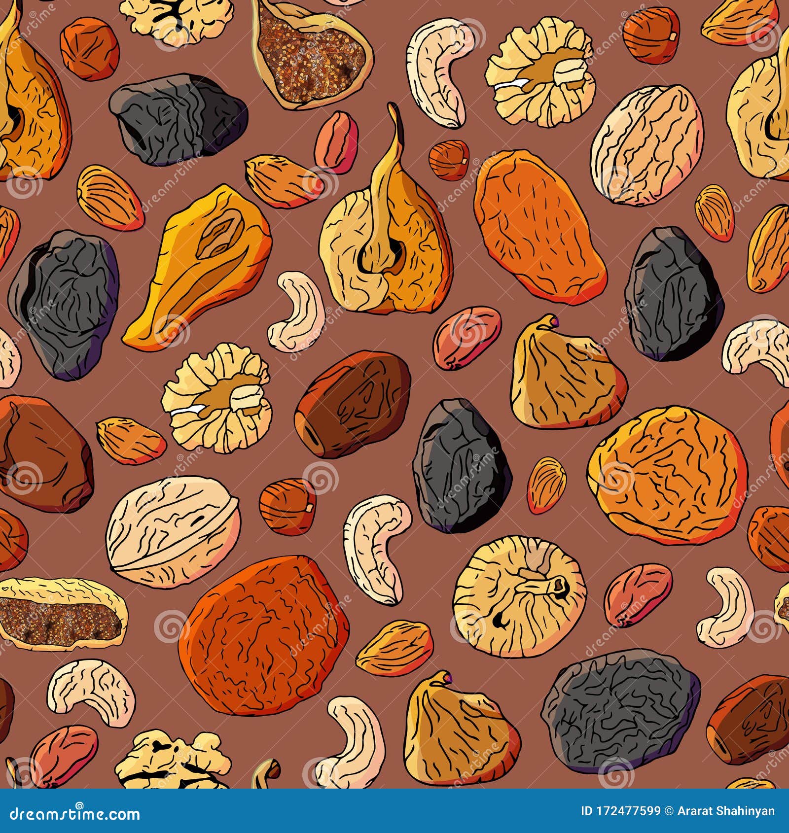 Seamless Pattern with Colorful Different Dried Fruits and Nuts Stock ...