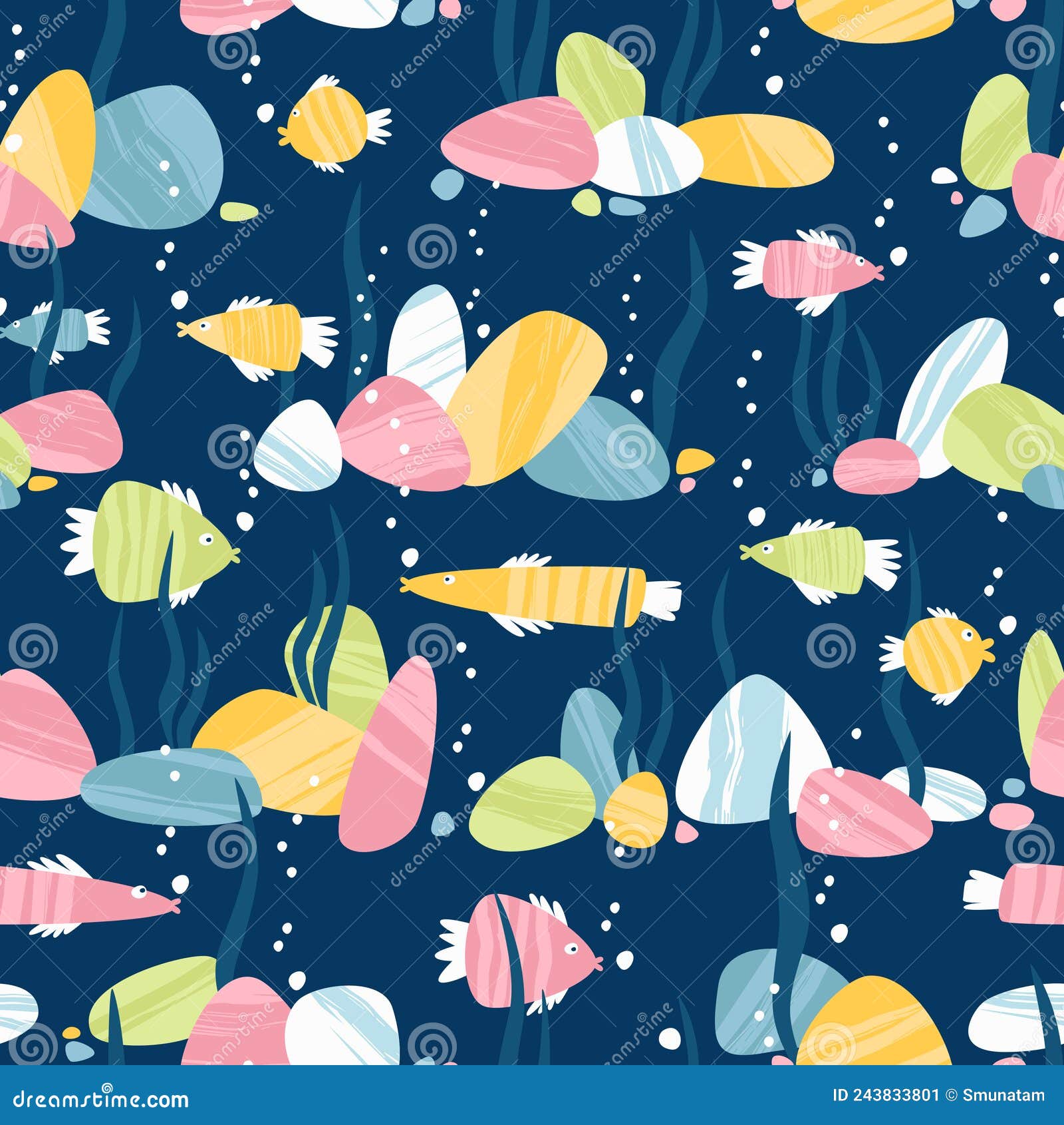 Seamless Pattern of Colorful Fish, Pebbles and Algae Stock Vector ...