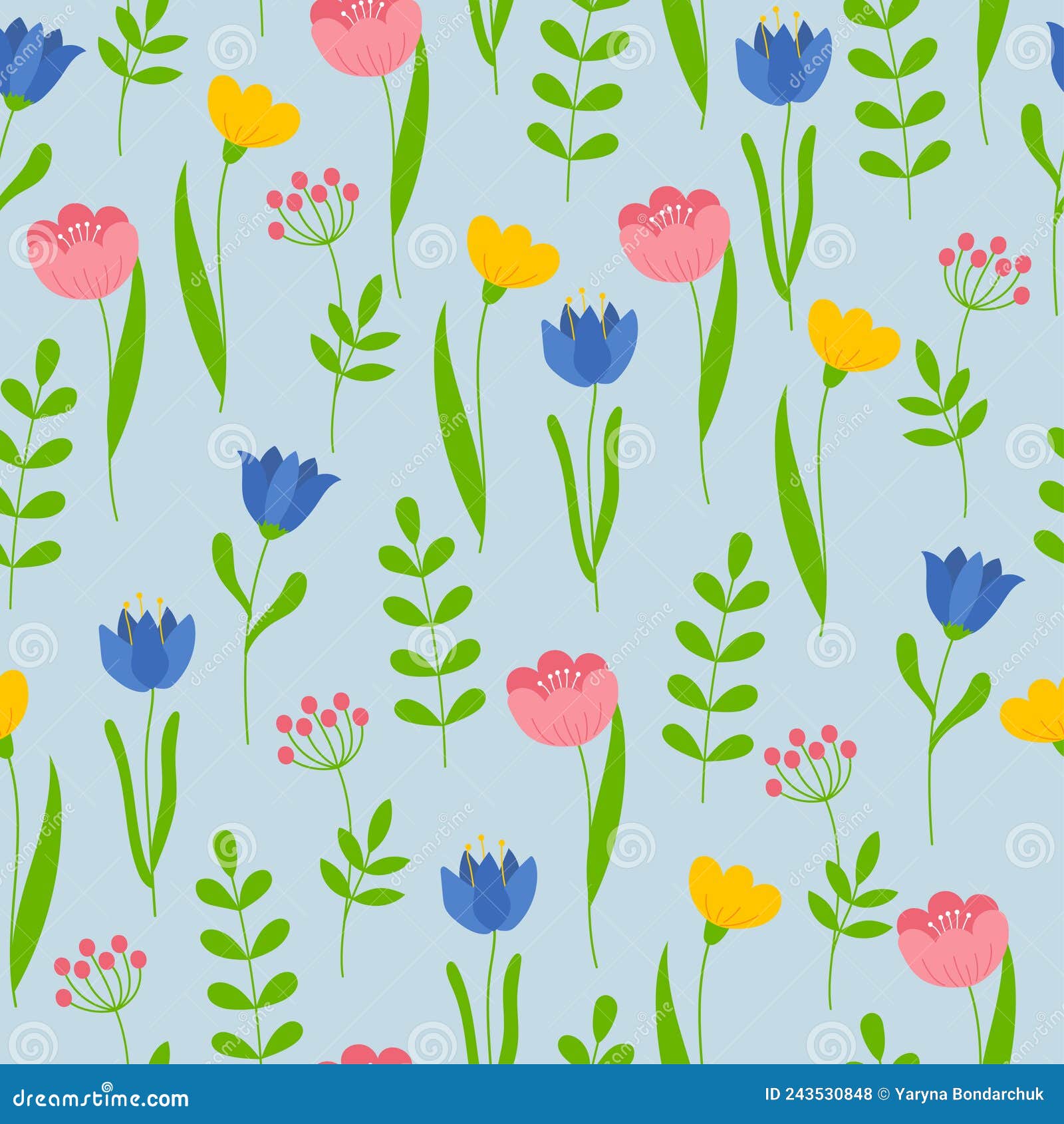 Seamless Pattern with Colorful Flowers on Blue Background. Endless ...