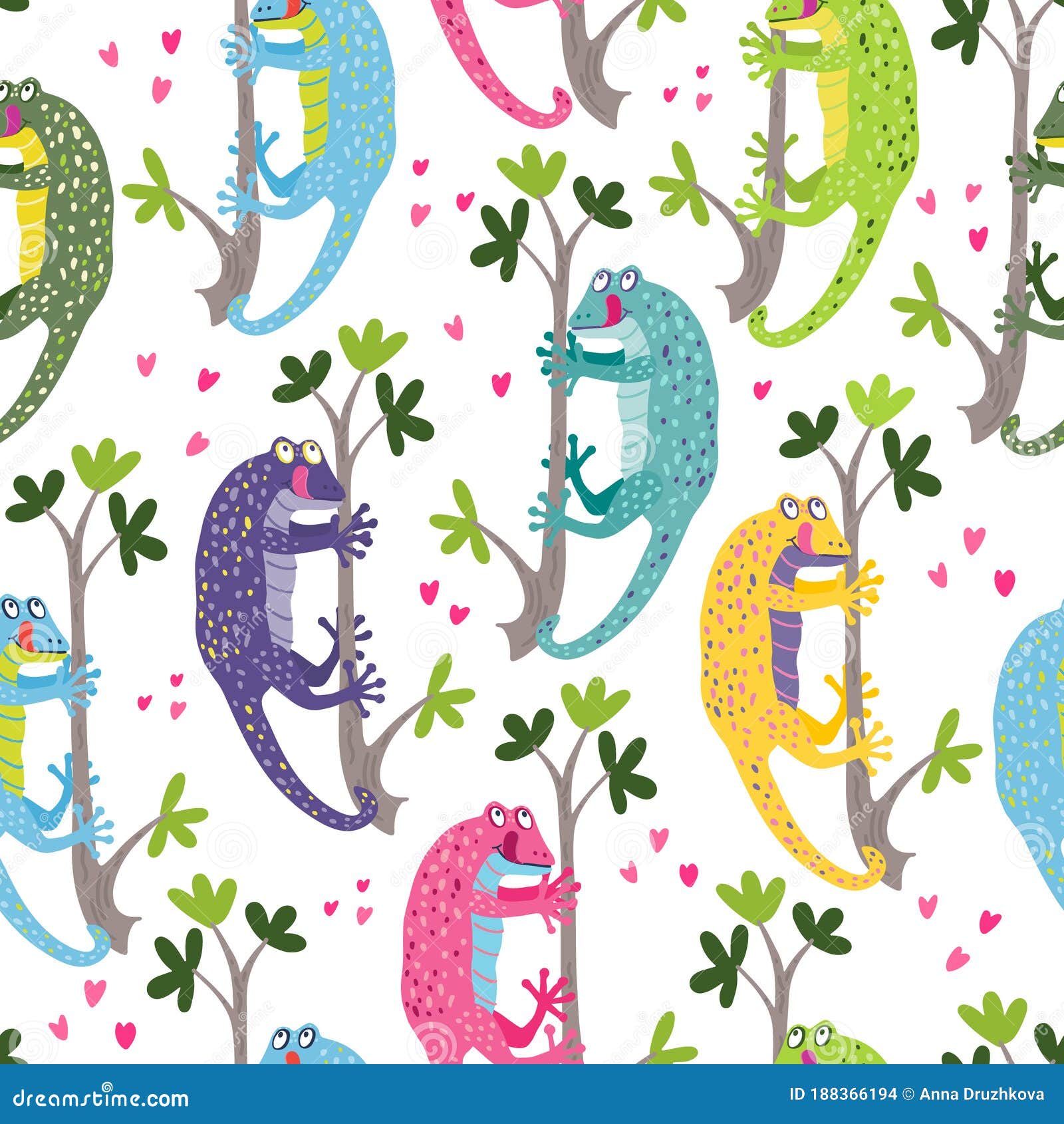 Seamless Pattern with Colorful Geckos Hanging on the Branches Stock ...