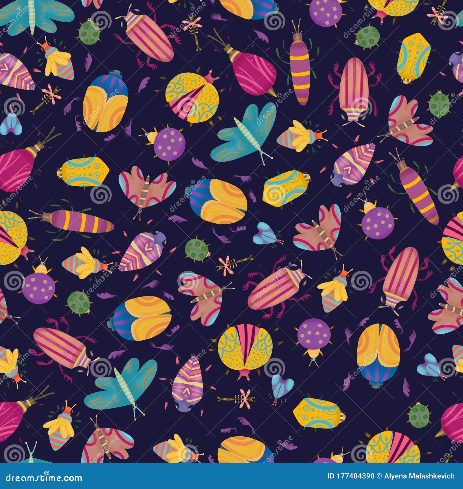 Seamless Pattern of Colorful Insects in Flat Style Stock Illustration ...