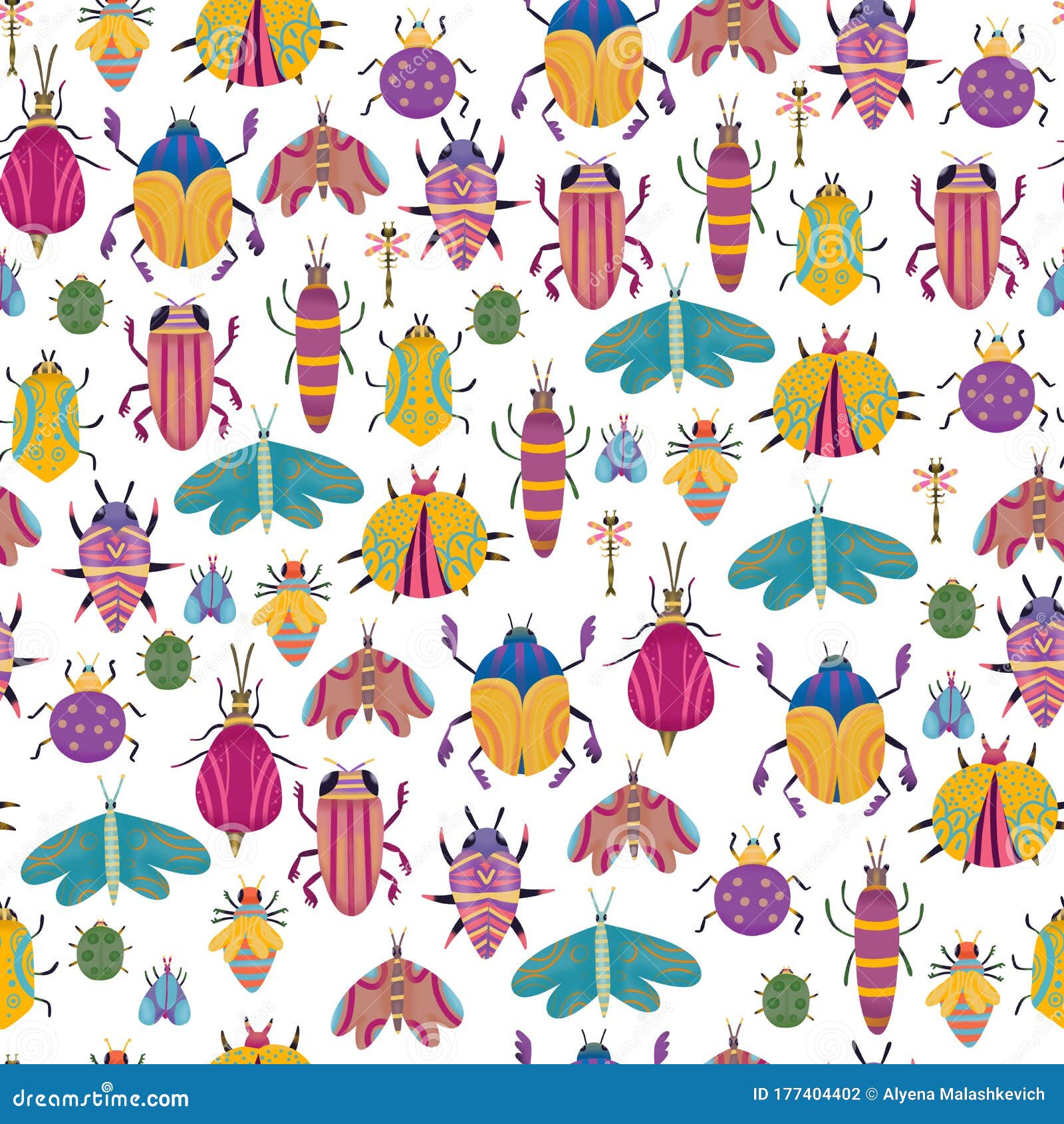 Seamless Pattern of Colorful Insects in Flat Style Stock Illustration ...