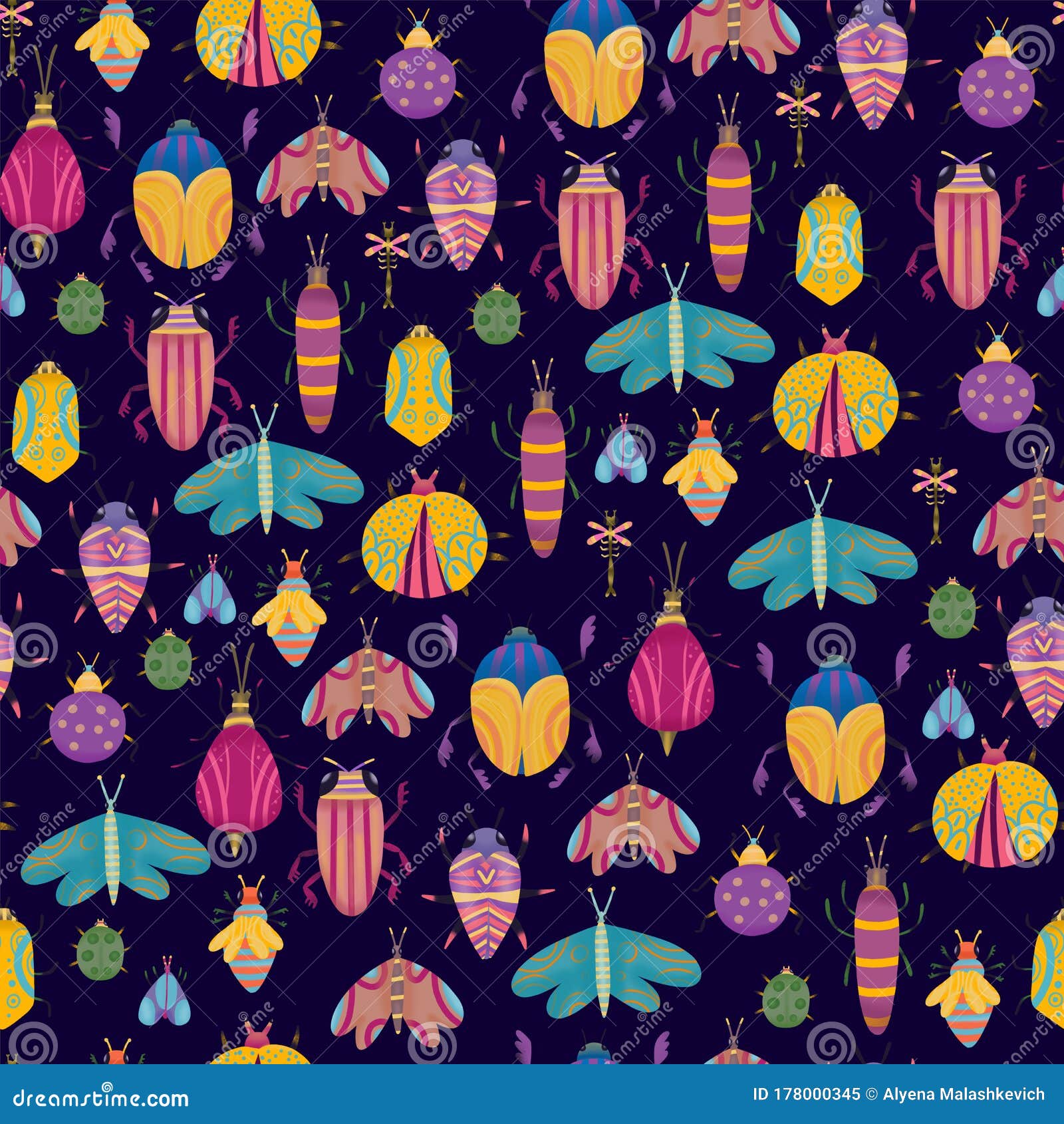 Seamless Pattern of Colorful Insects in Flat Style Stock Illustration ...