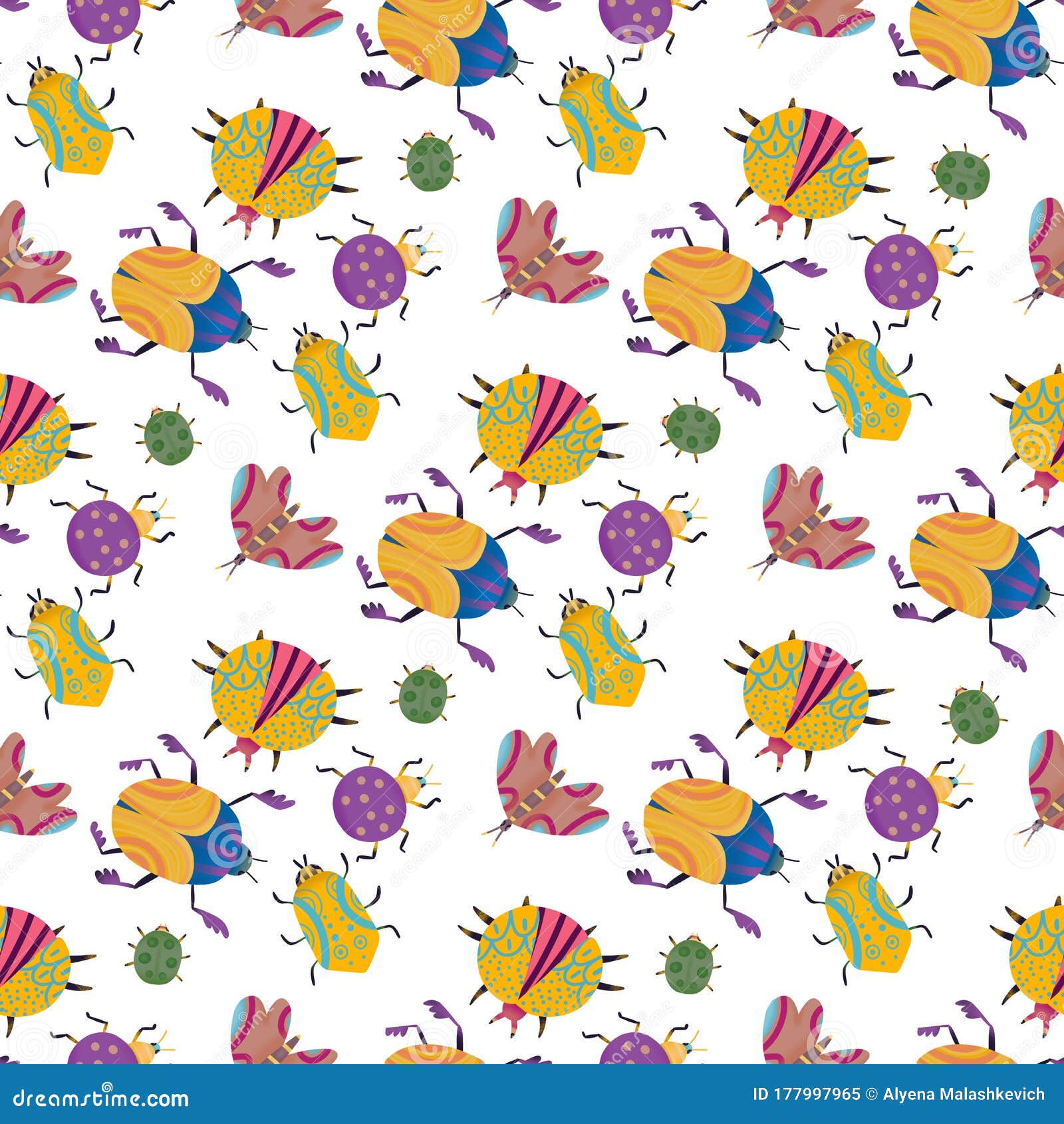 Seamless Pattern of Colorful Insects in Flat Style Stock Illustration ...