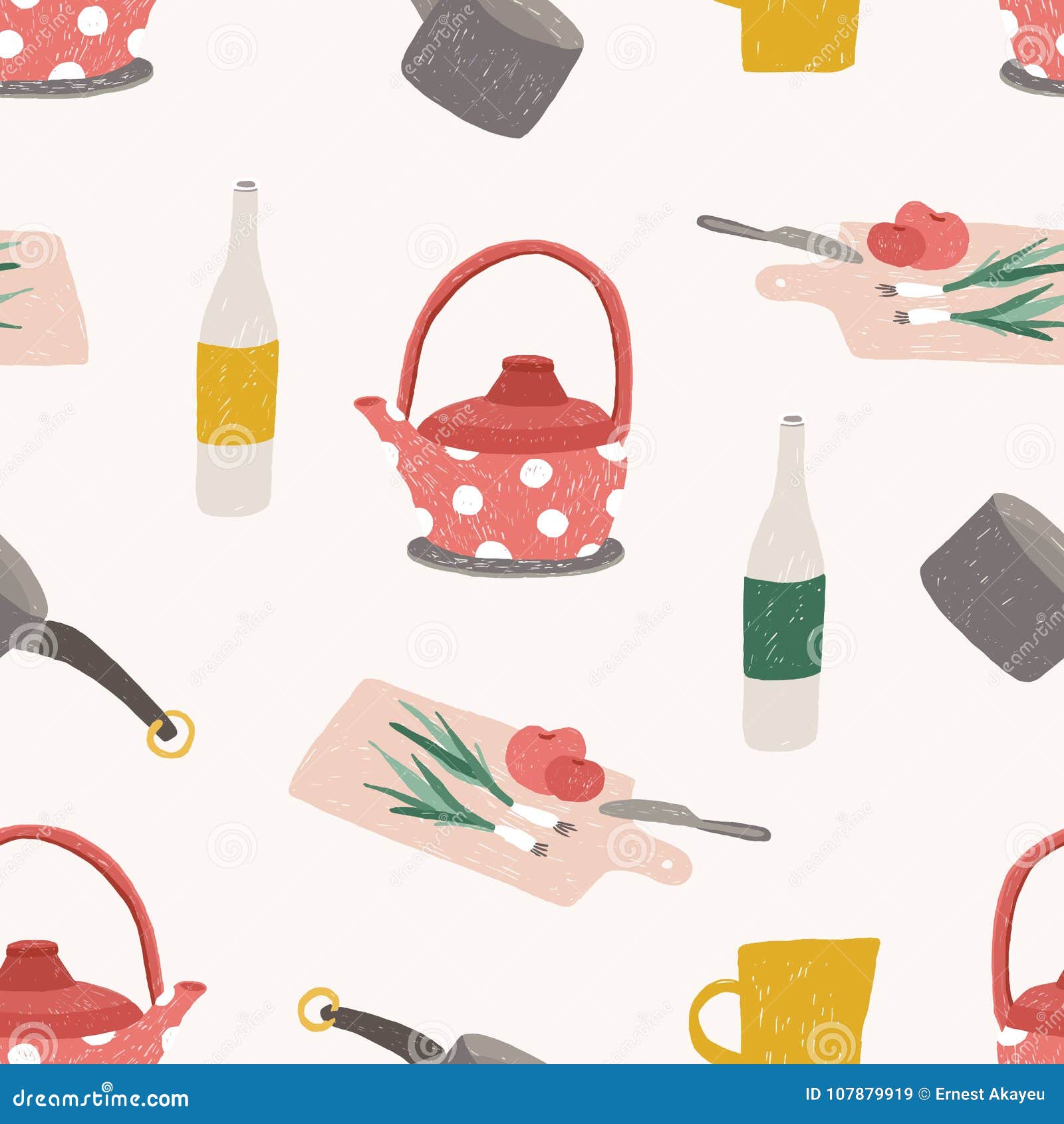 Seamless Pattern with Colorful Kitchen Utensils, Cookware, Tools for ...