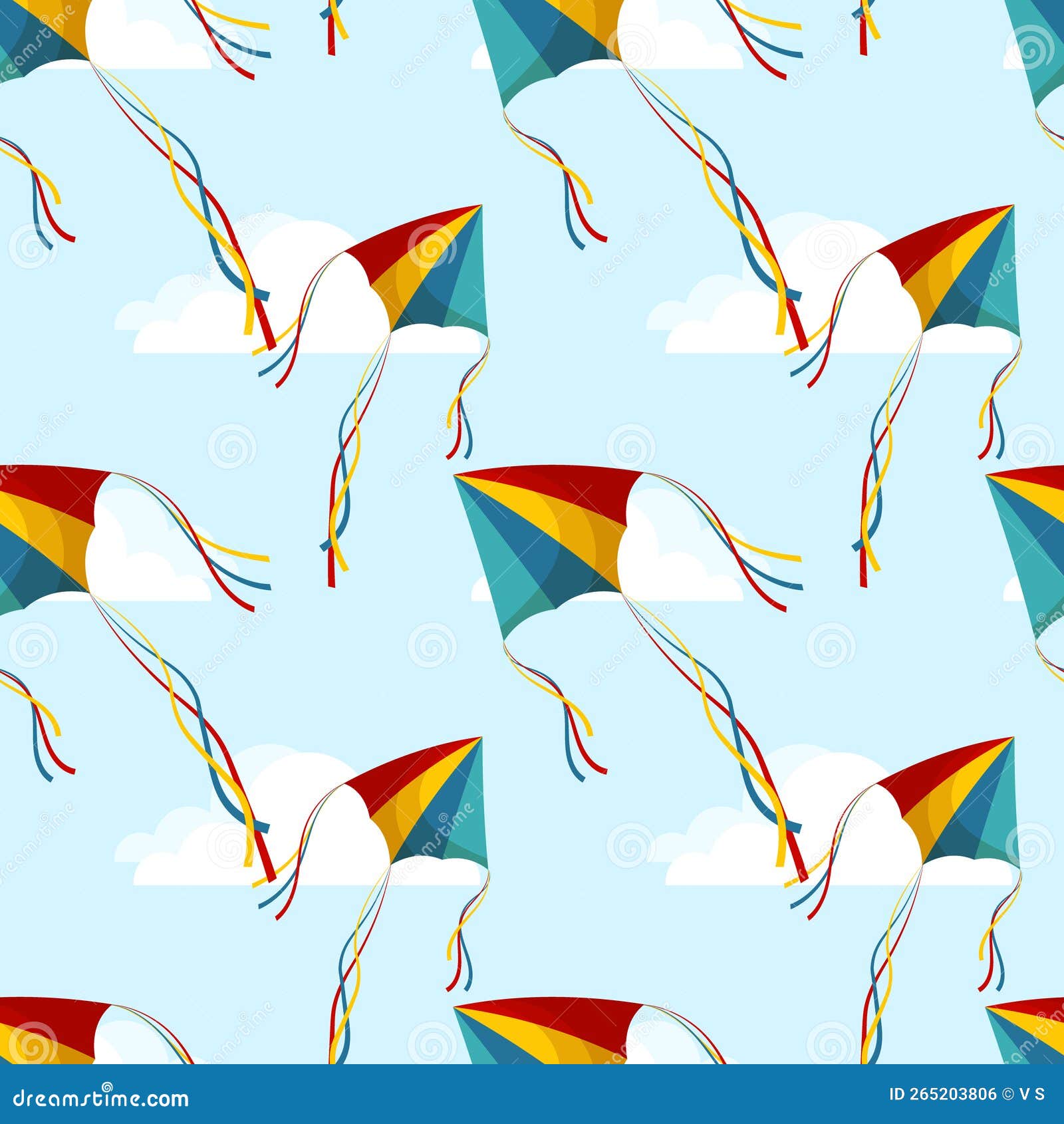 Seamless Pattern, Colorful Kites on the Sky with Clouds. Background ...