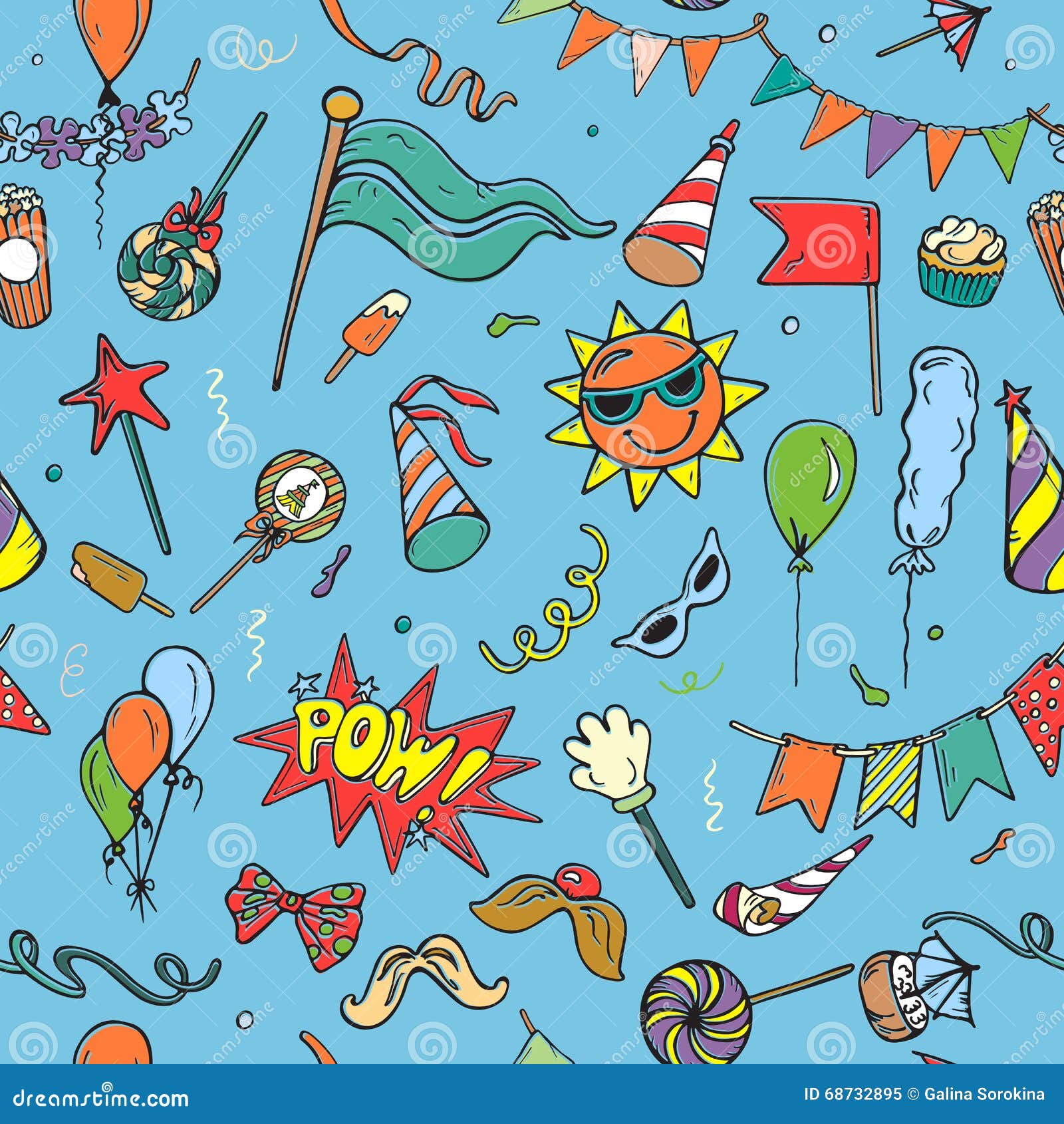 Seamless Pattern of Colorful Party Objects on Blue Background Stock ...