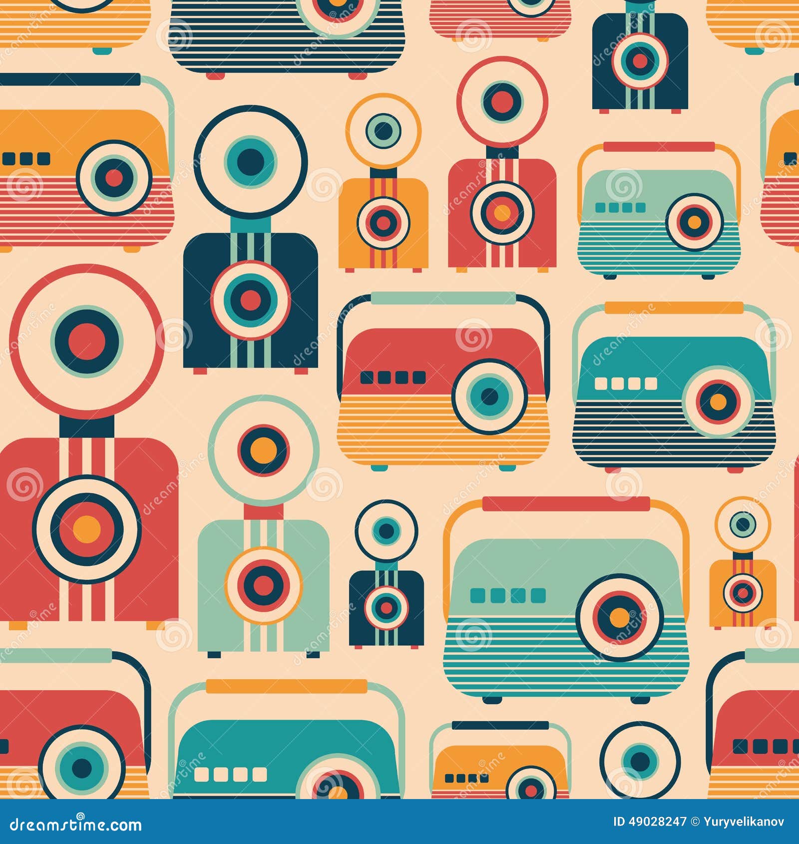 Seamless Pattern with Colorful Retro Radios and Cameras. Stock Vector ...