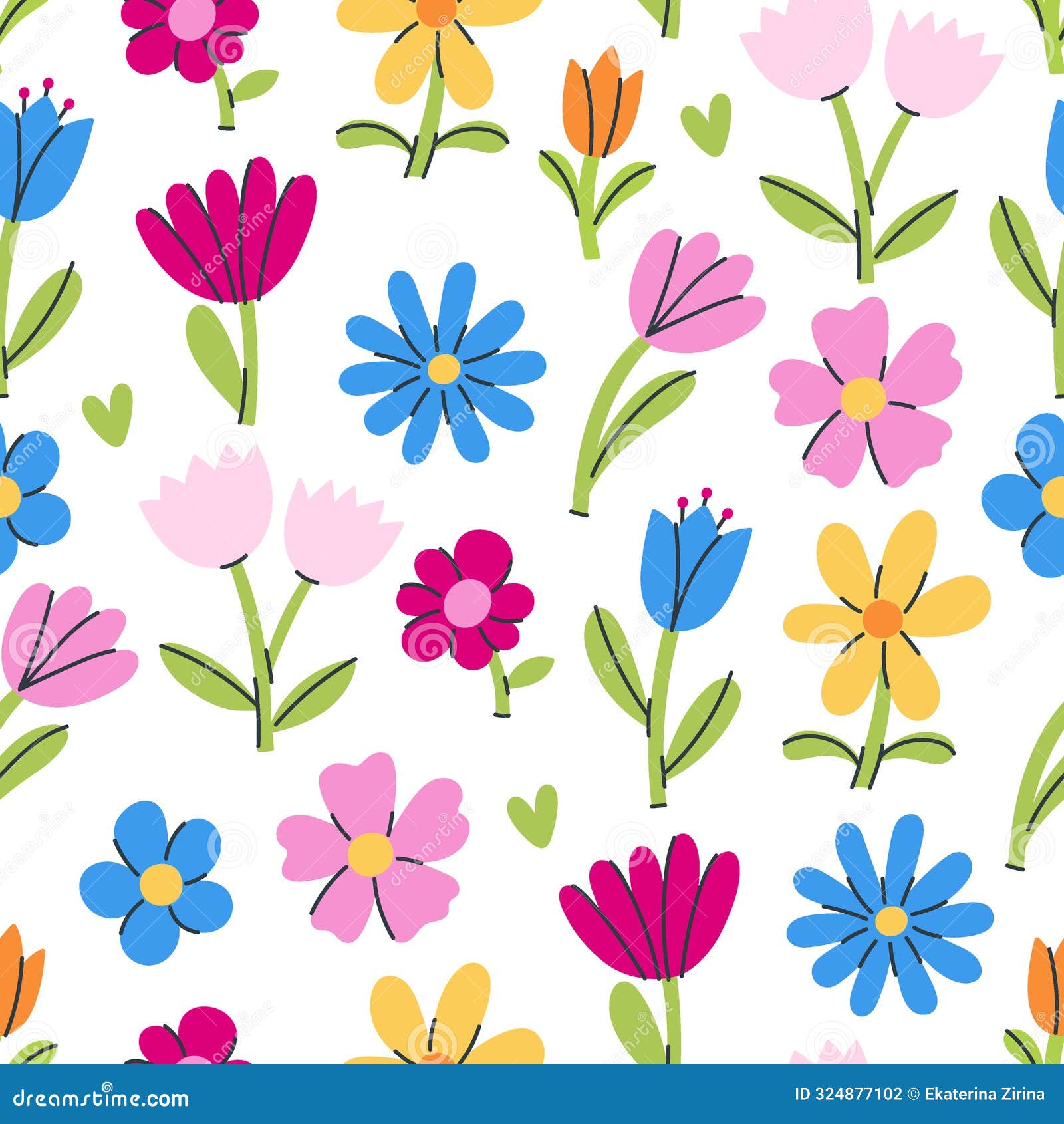 Seamless Pattern with Colorful Simple Flowers of Different Shapes on a ...