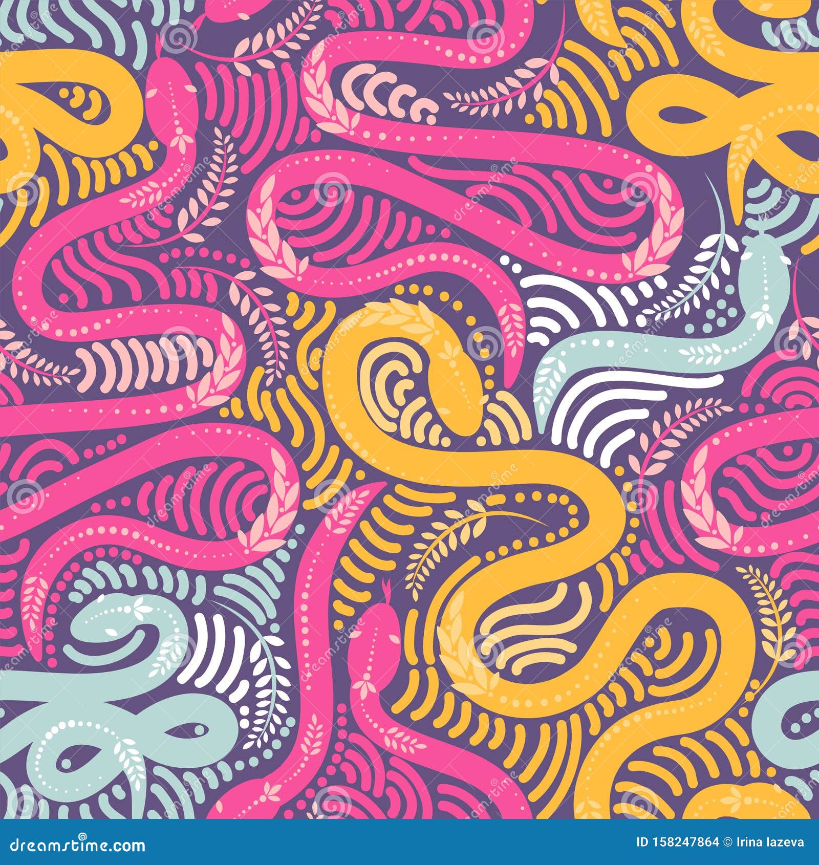Seamless Pattern with Colorful Snakes and Leaves on White Background ...