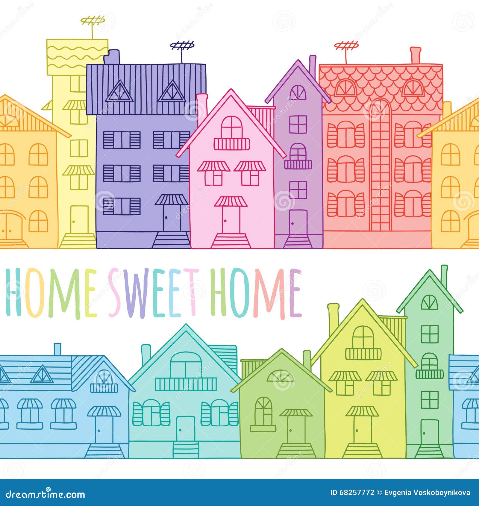 Seamless Pattern of Coloured Houses Drawn by Hand. Stock Vector ...