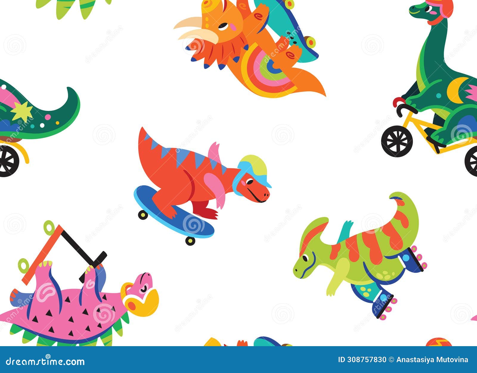 Seamless Pattern. Colourful Cartoon Dinosaurs Ride on Skates, Rollers ...