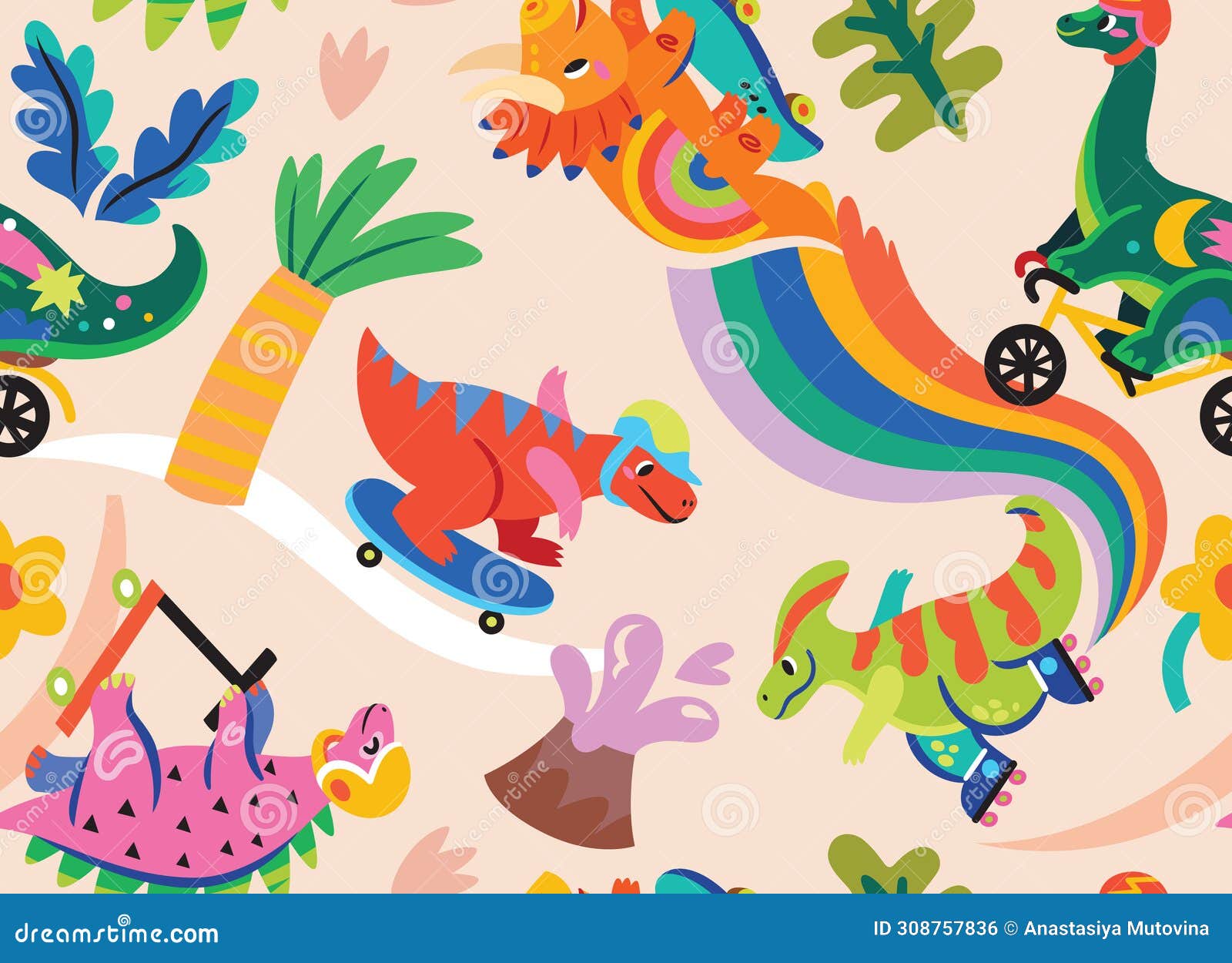 Seamless Pattern. Colourful Cartoon Dinosaurs Ride on Skates, Rollers ...