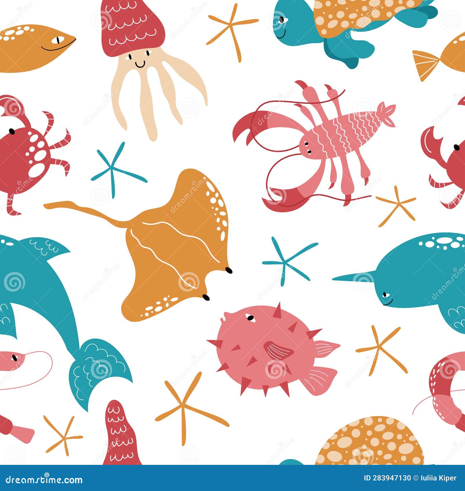 Seamless Pattern with Colourful Sea Creatures on White Background ...