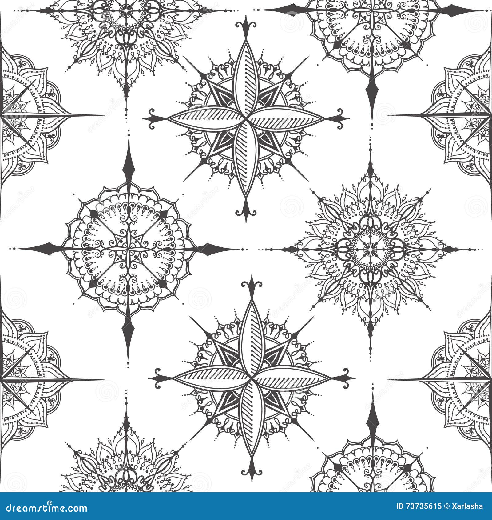 Seamless Pattern with Compasses Drawn with Floral Elements Stock Vector ...