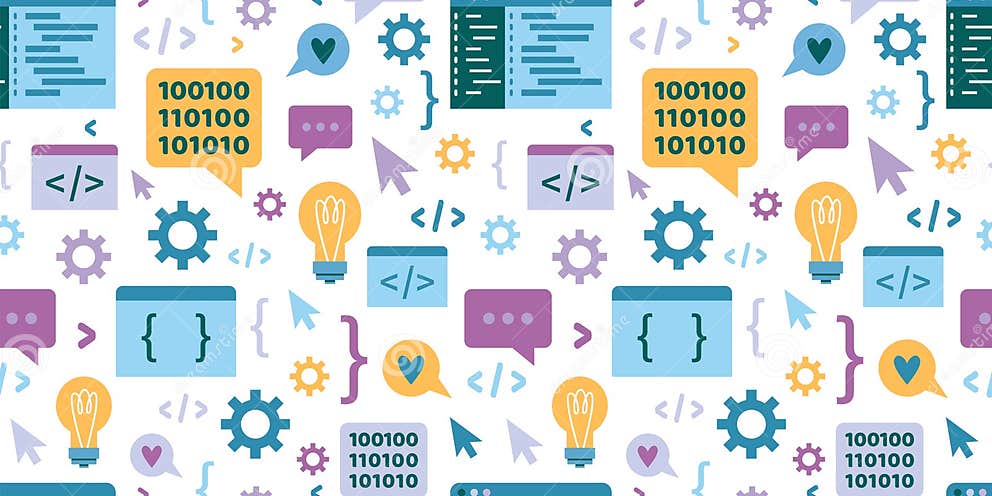 Seamless Pattern with Concept of Computer Programming Languages or Developing Software, Cartoon ...
