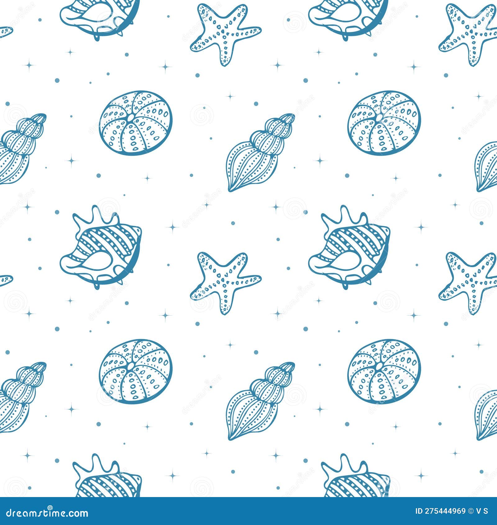 Seamless Pattern with Contour Blue Shells and Seahorses on a White ...