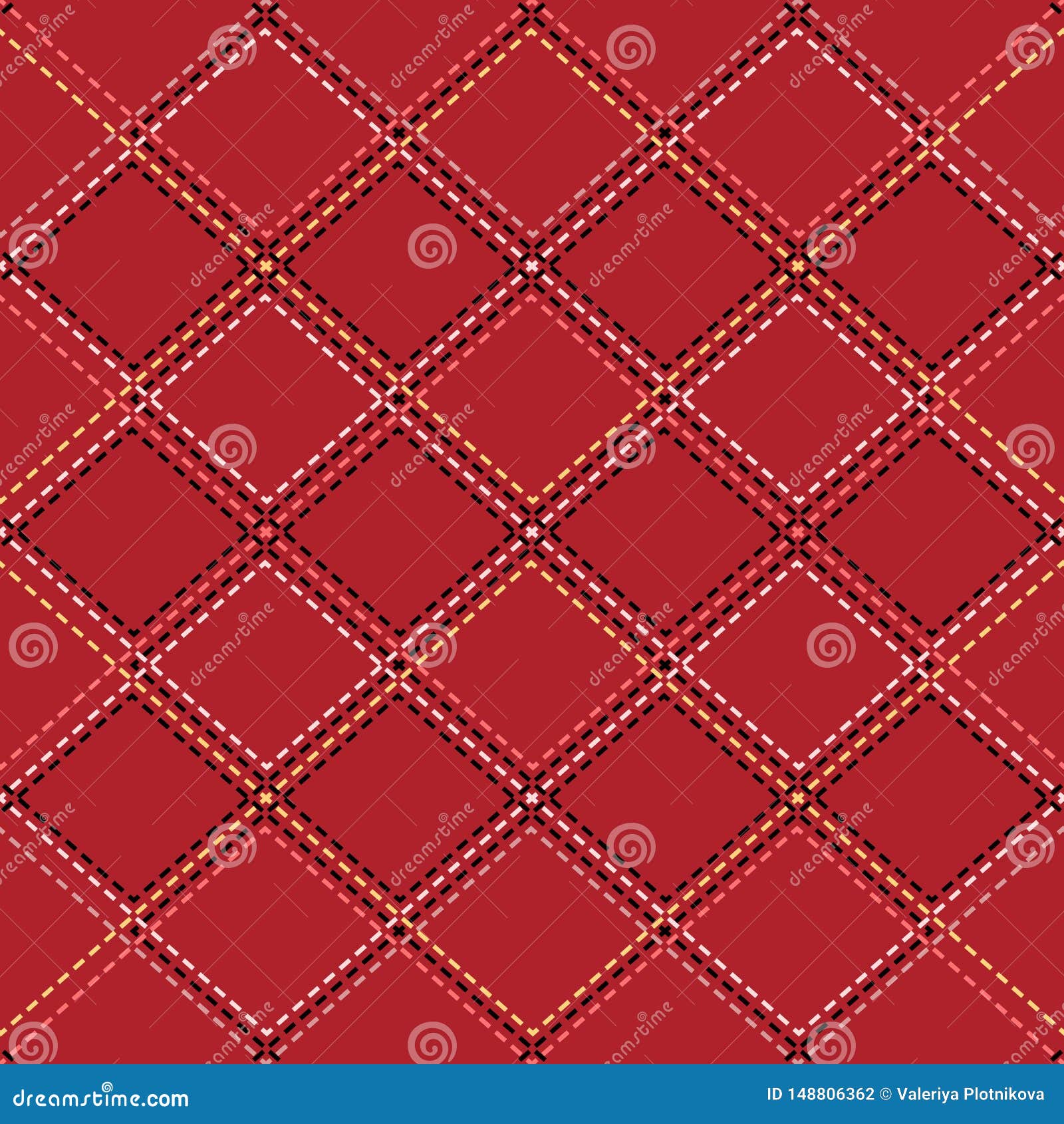 Seamless Pattern with Contour Stitches of Rhombuses on Red Background ...
