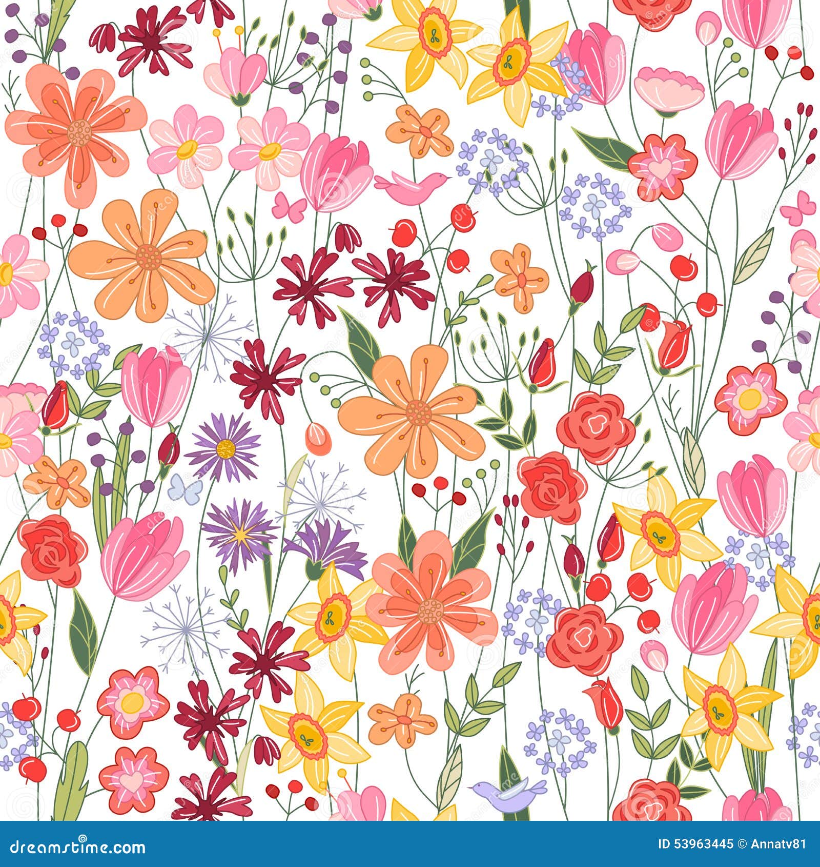 Seamless Pattern with Contour Summer Flowers Stock Vector ...