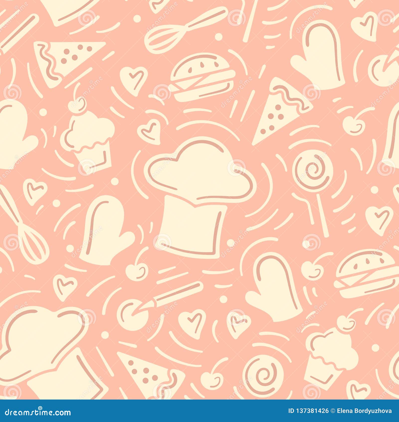 Seamless Pattern with Cook Caps, Kitchen Elements and Food Stock Vector ...
