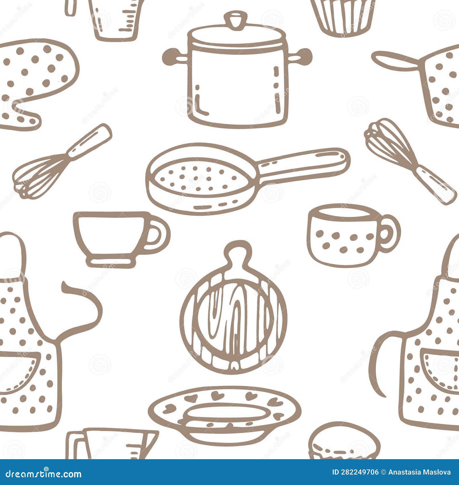 Seamless Pattern with Cooking Kitchen Symbols Doodle Style Vector ...