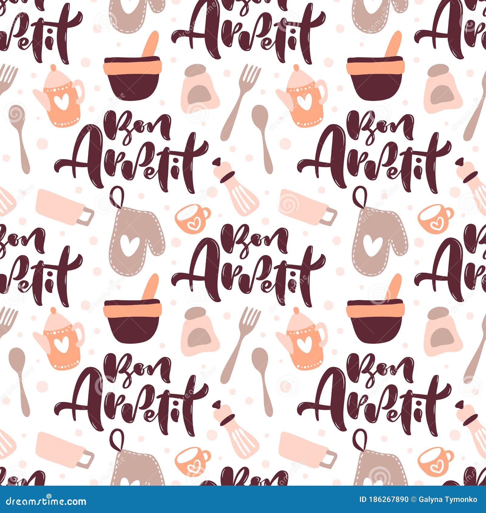 Seamless Pattern with Cooking Tools and Calligraphy Text Bon Appetit ...