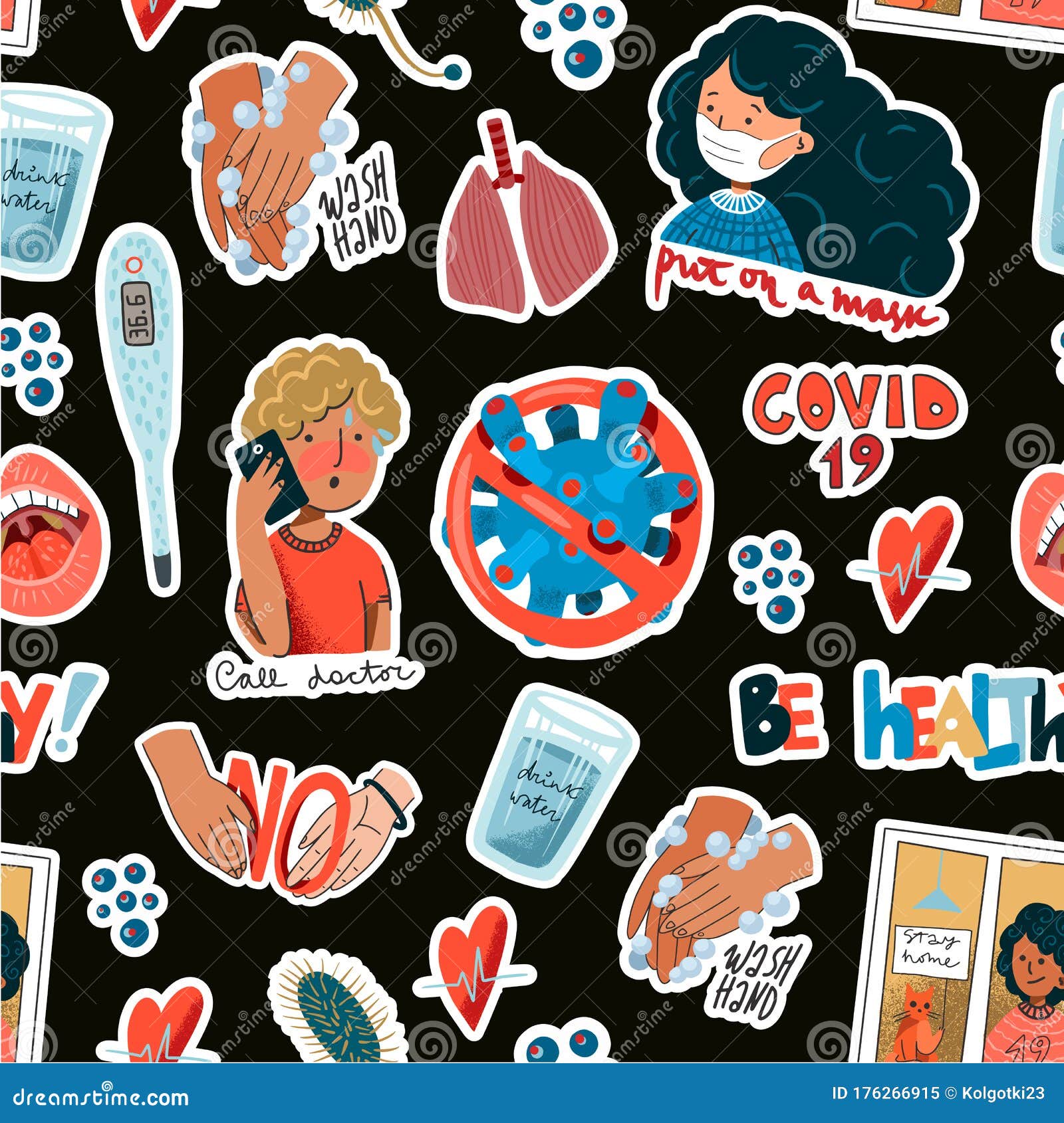 Seamless Pattern with Coronavirus Prevention Reminder Stickers. Vector ...