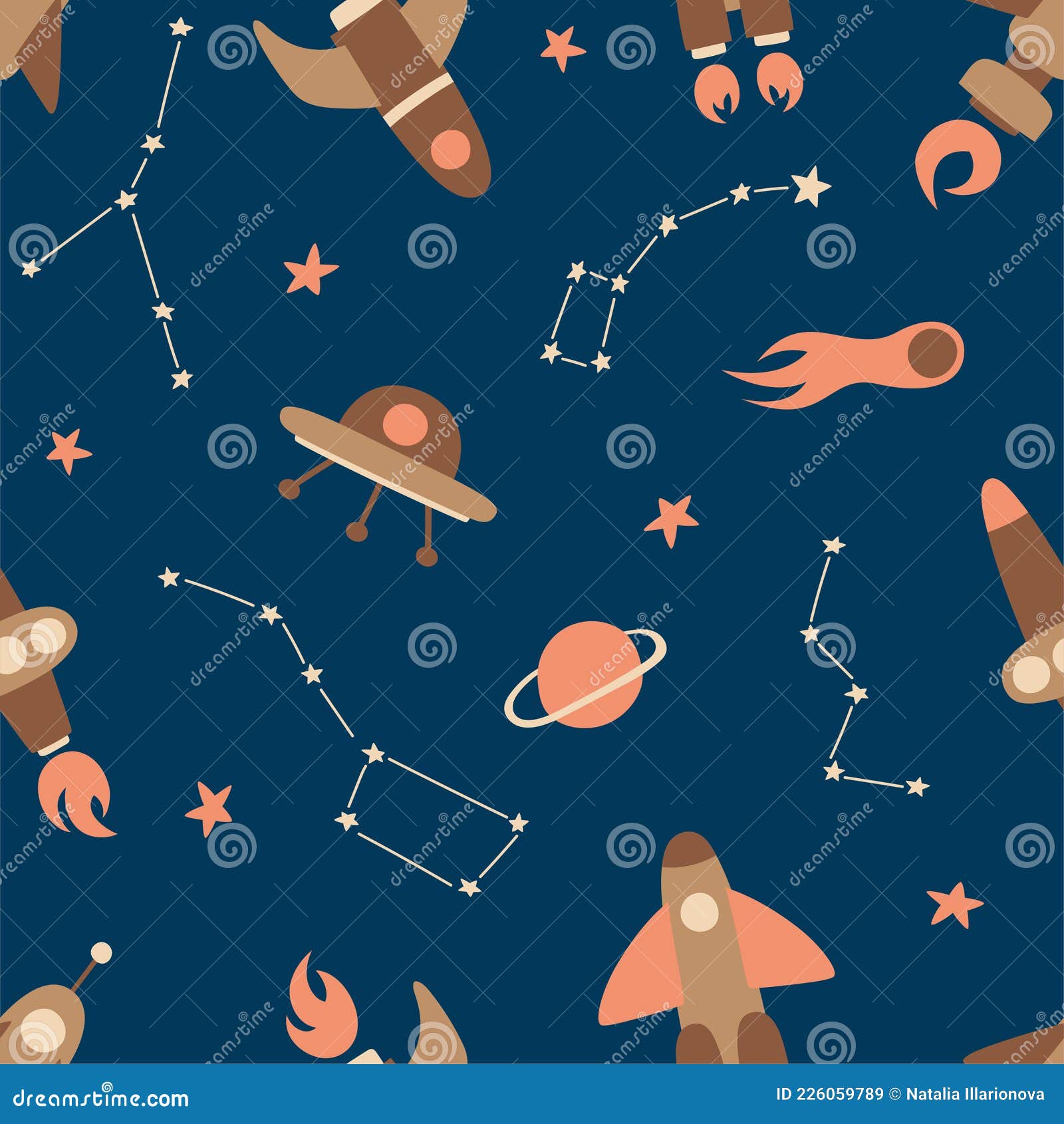 Seamless Pattern of Cosmic Elements. Rockets, Spaceships, Planets ...