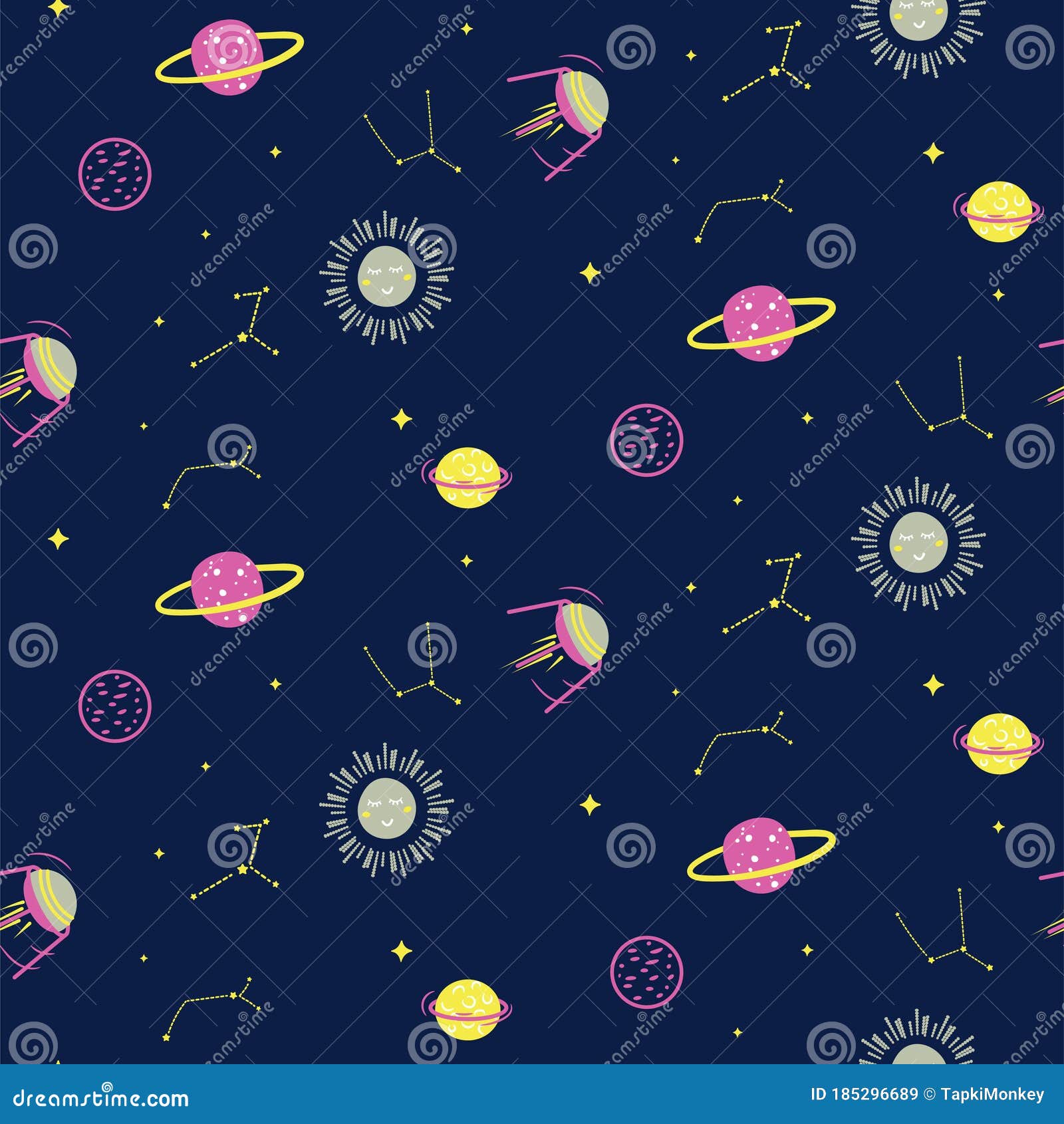 Seamless Pattern with Cosmic Objects Planets and Stars. Deep Blue Kids ...