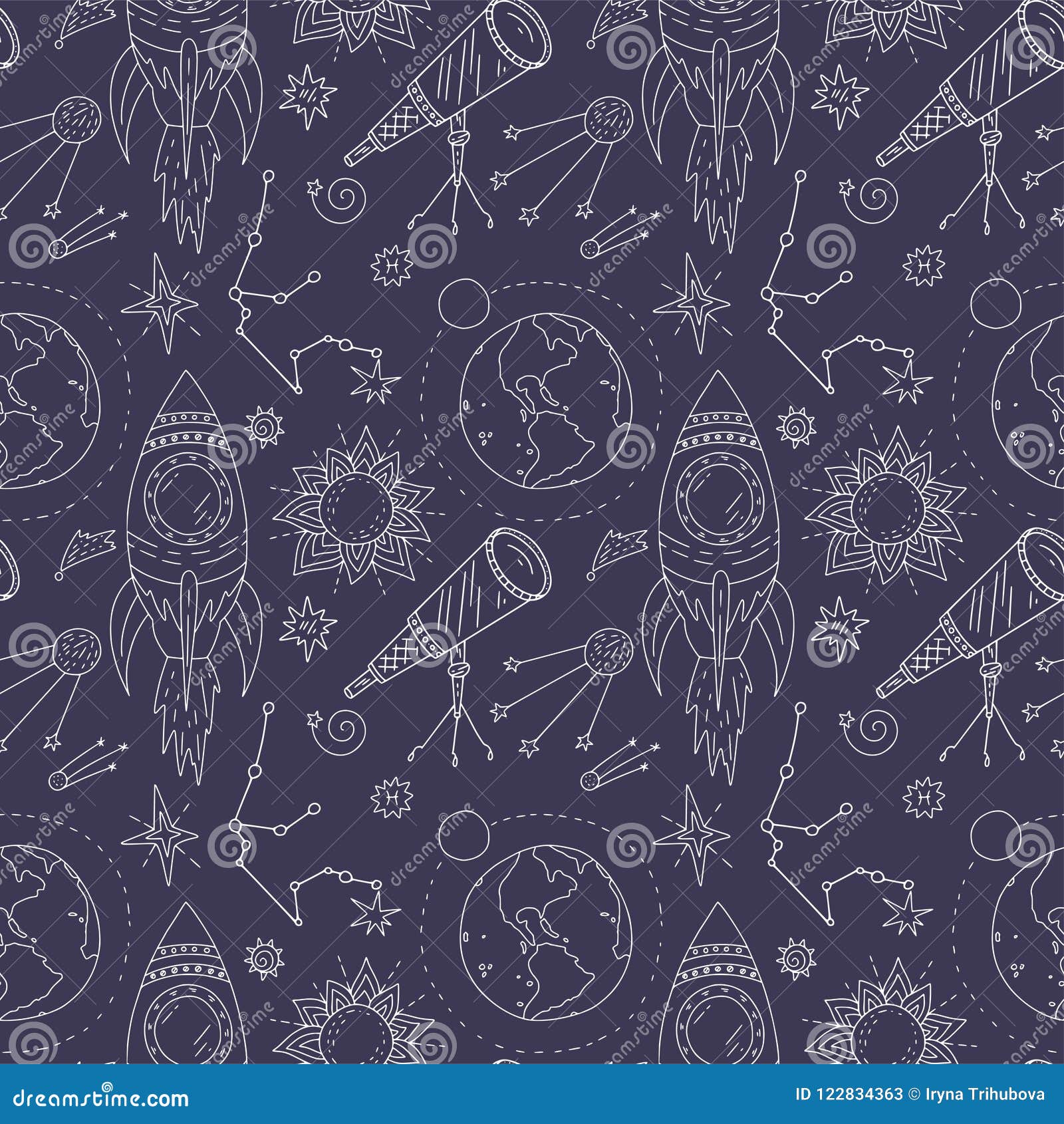 Seamless Pattern with Cosmos Doodle Illustrations. Stock Vector ...