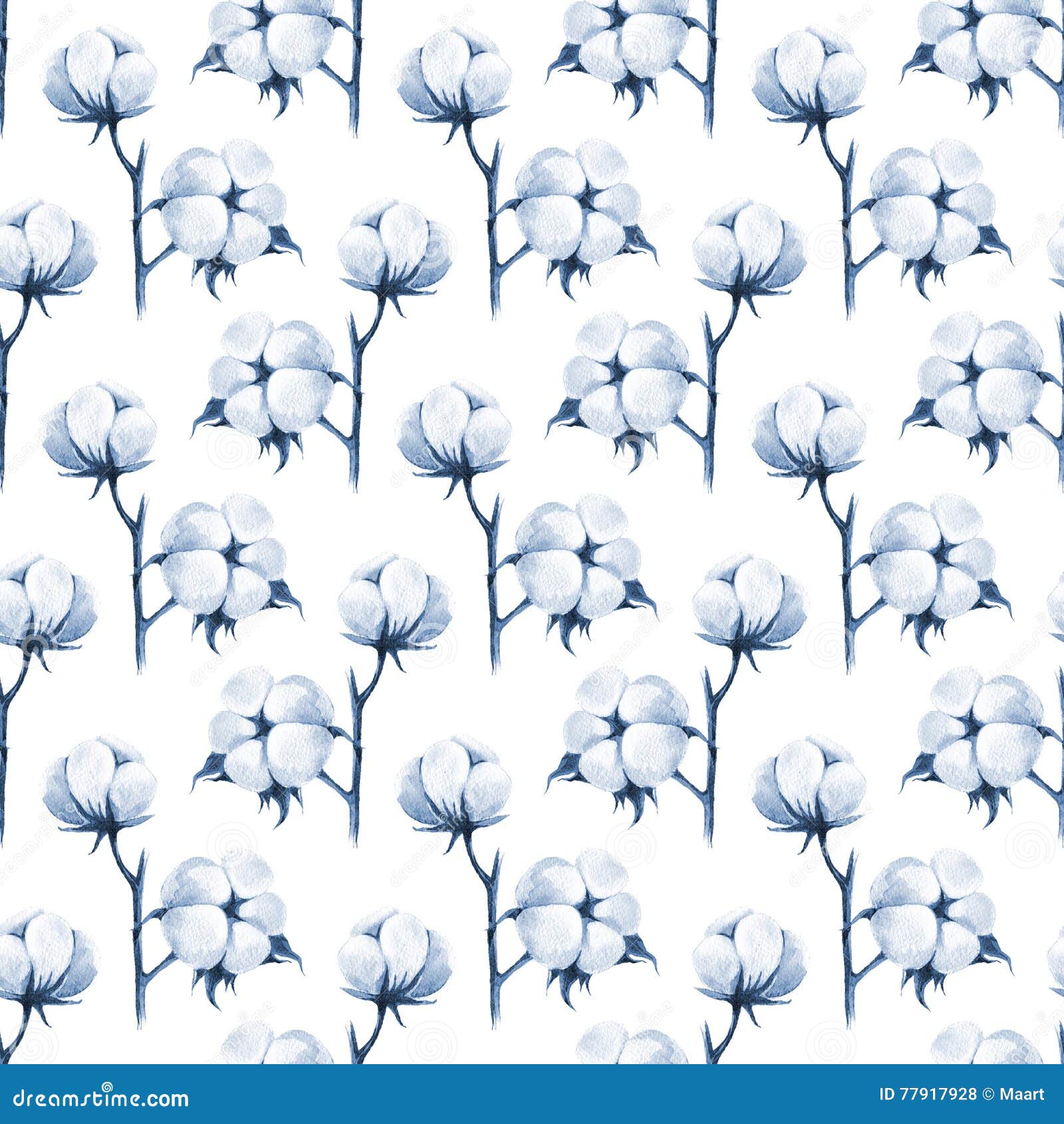 Seamless Pattern with Cotton Plant on White Background Stock ...