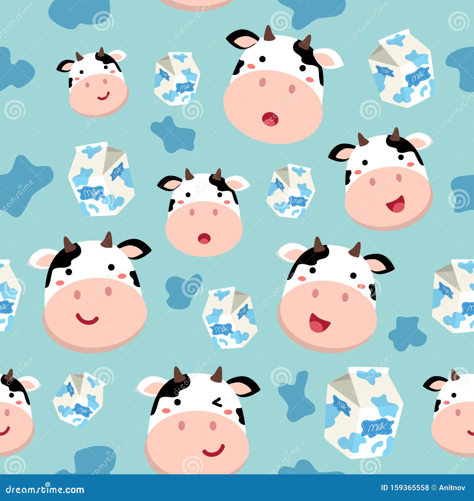 Seamless Pattern Cow And Plain Milk Carton On Spotted Blue Background
