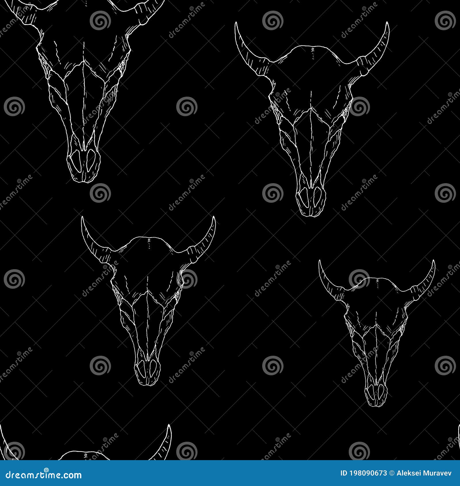 Seamless Pattern of Cow Skulls. Vector Background. Hand-drawn Style ...