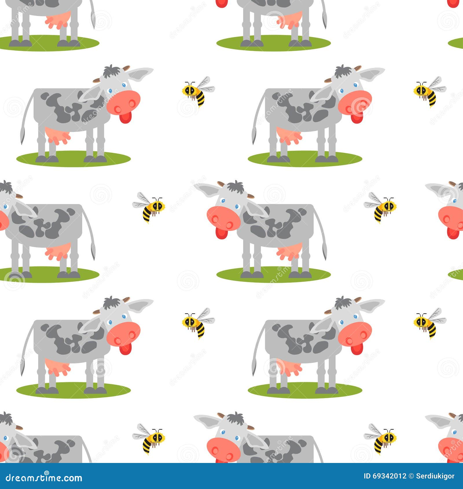 Seamless Pattern with Cows and Bees. Stock Vector - Illustration of ...