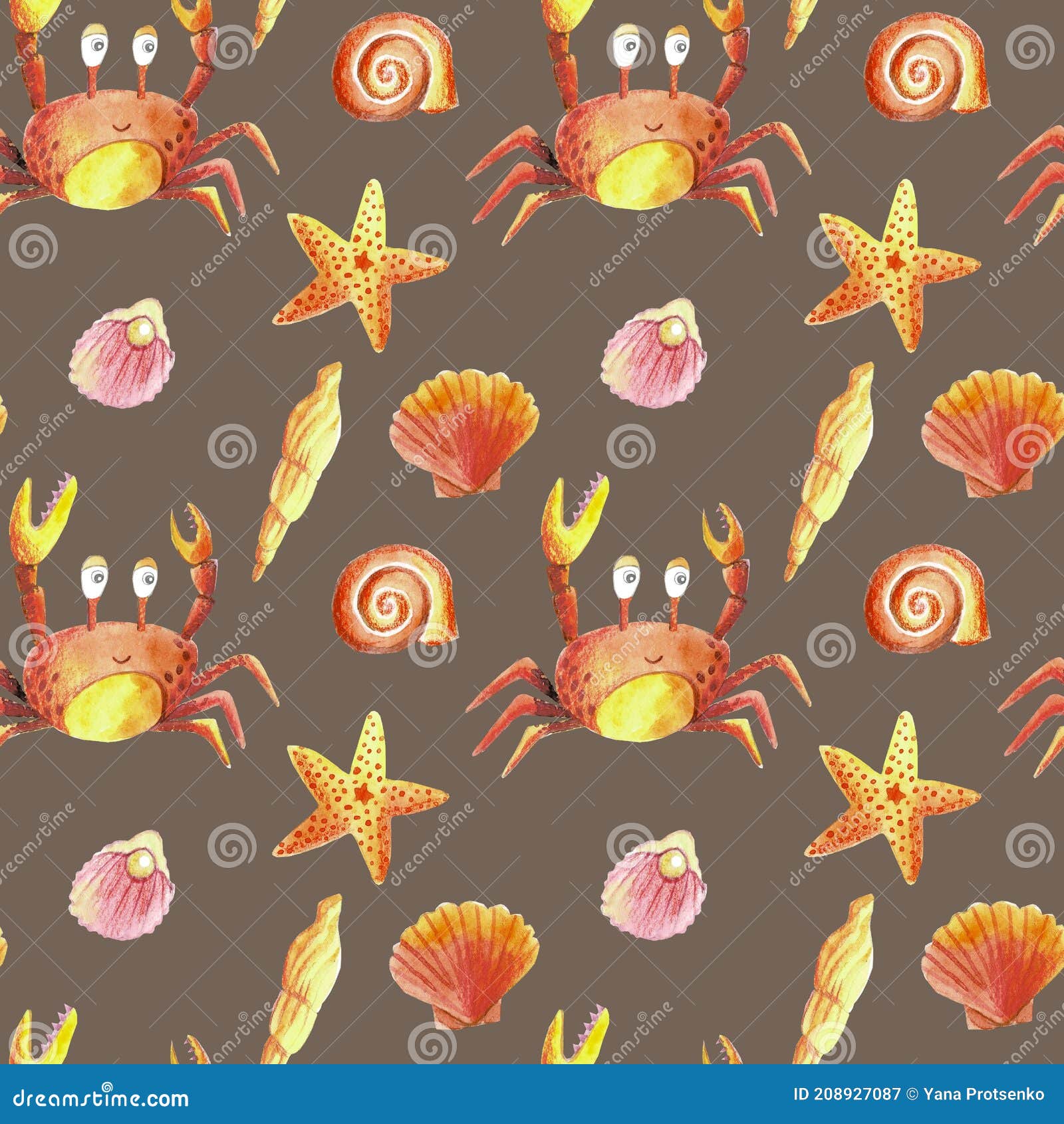 Seamless Pattern with Crabs and Shells, Watercolor Illustration. Stock ...