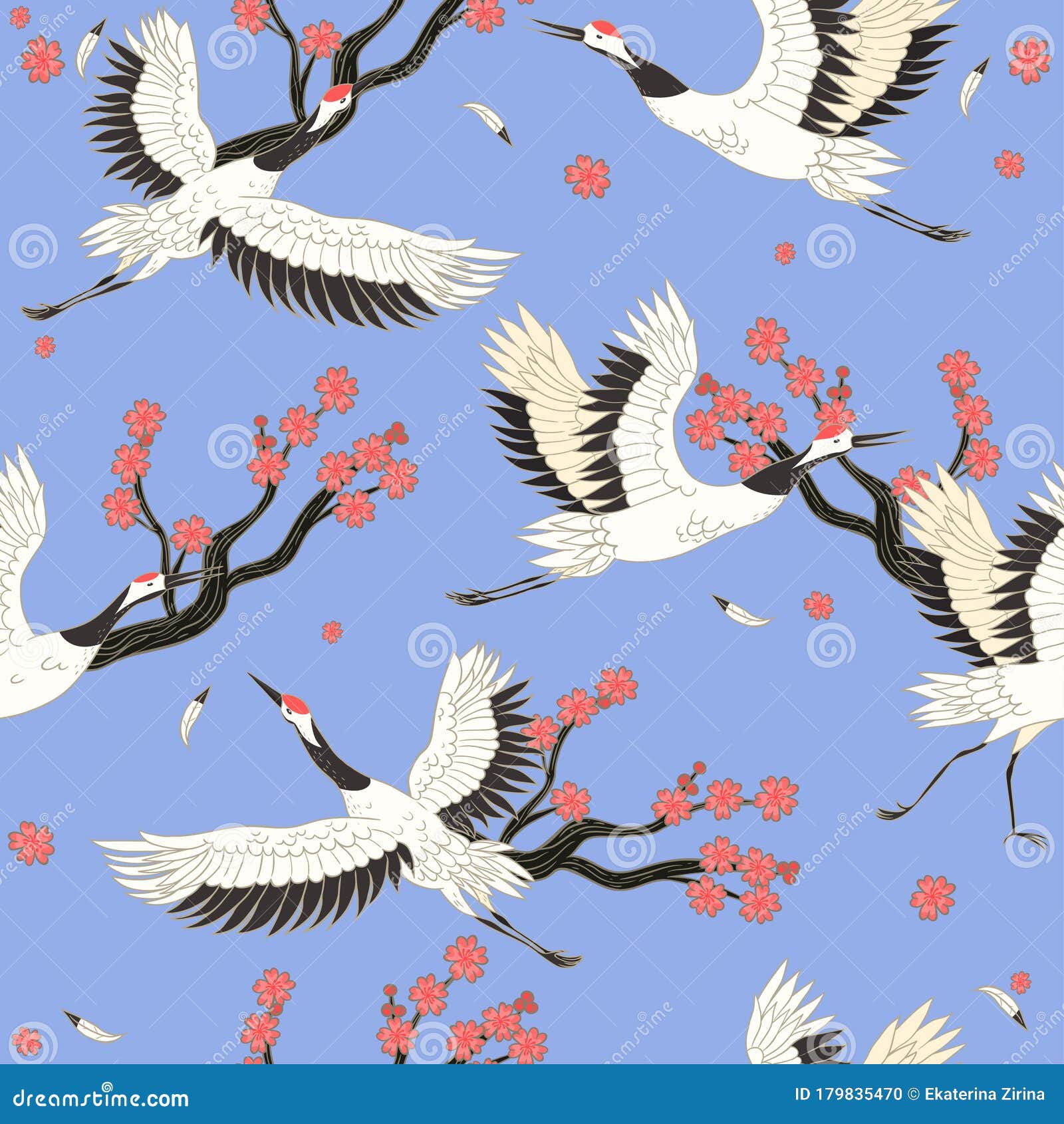 Seamless Pattern with Cranes Birds and Sakura. Vector Graphics Stock ...