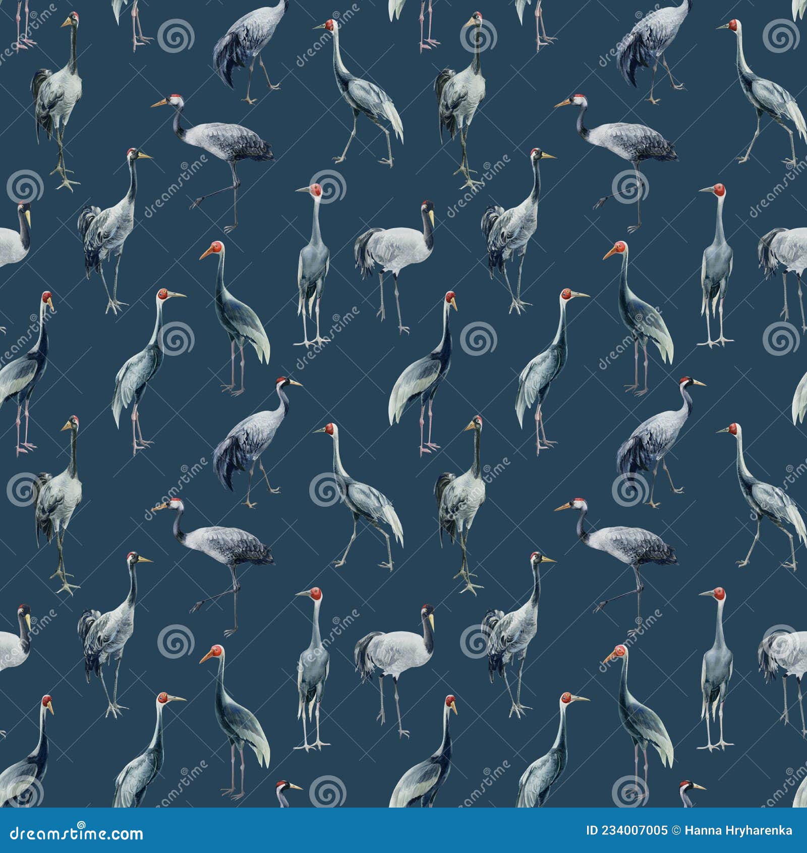 Seamless Pattern with Cranes on a Blue Background, Watercolor ...