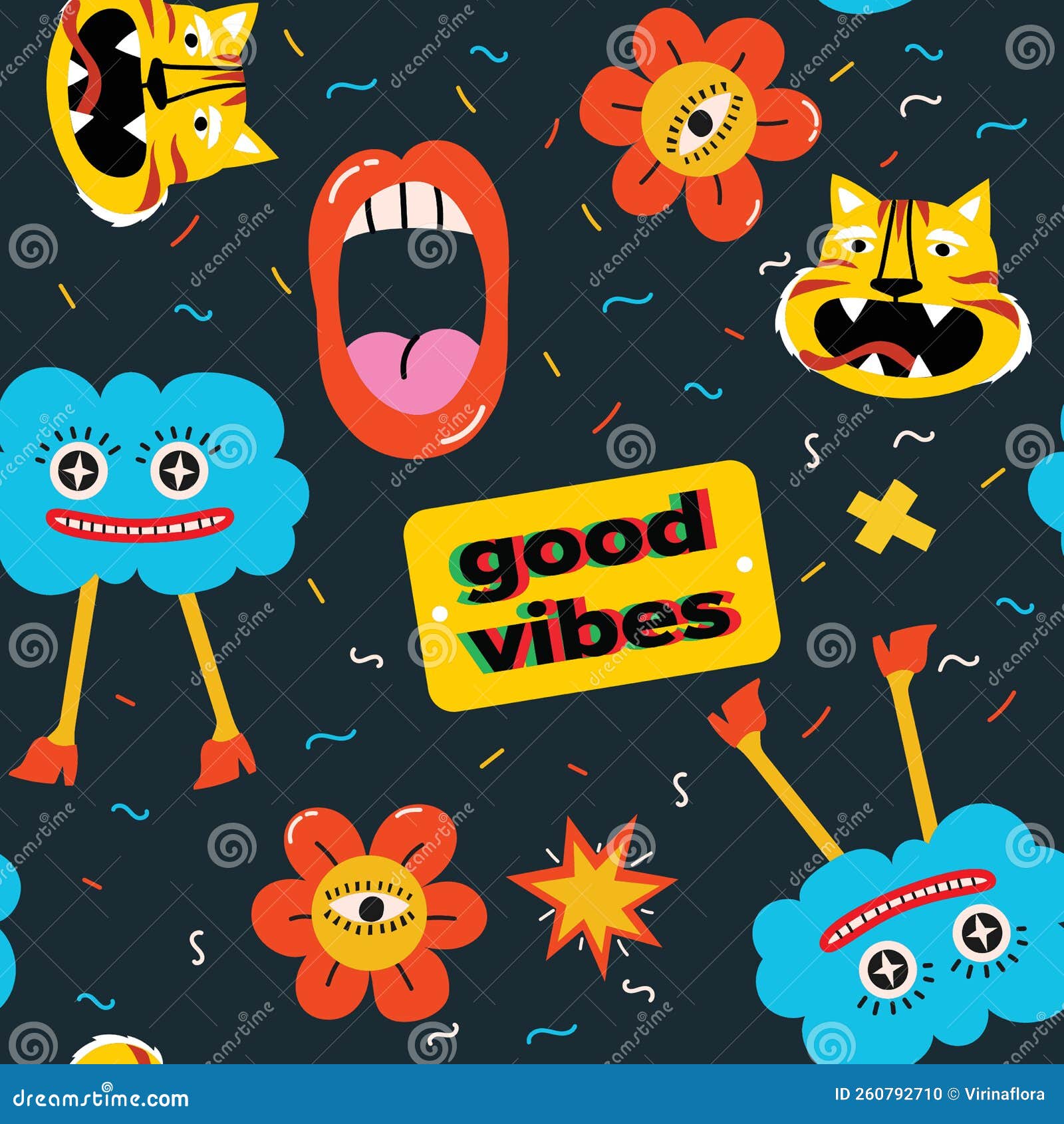 Seamless Pattern with Crazy Comic Faces, Creepy Characters and Colorful ...