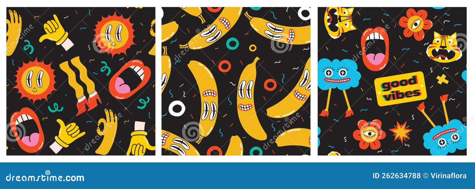 Seamless Pattern with Crazy Comic Faces, Creepy Characters and Colorful ...