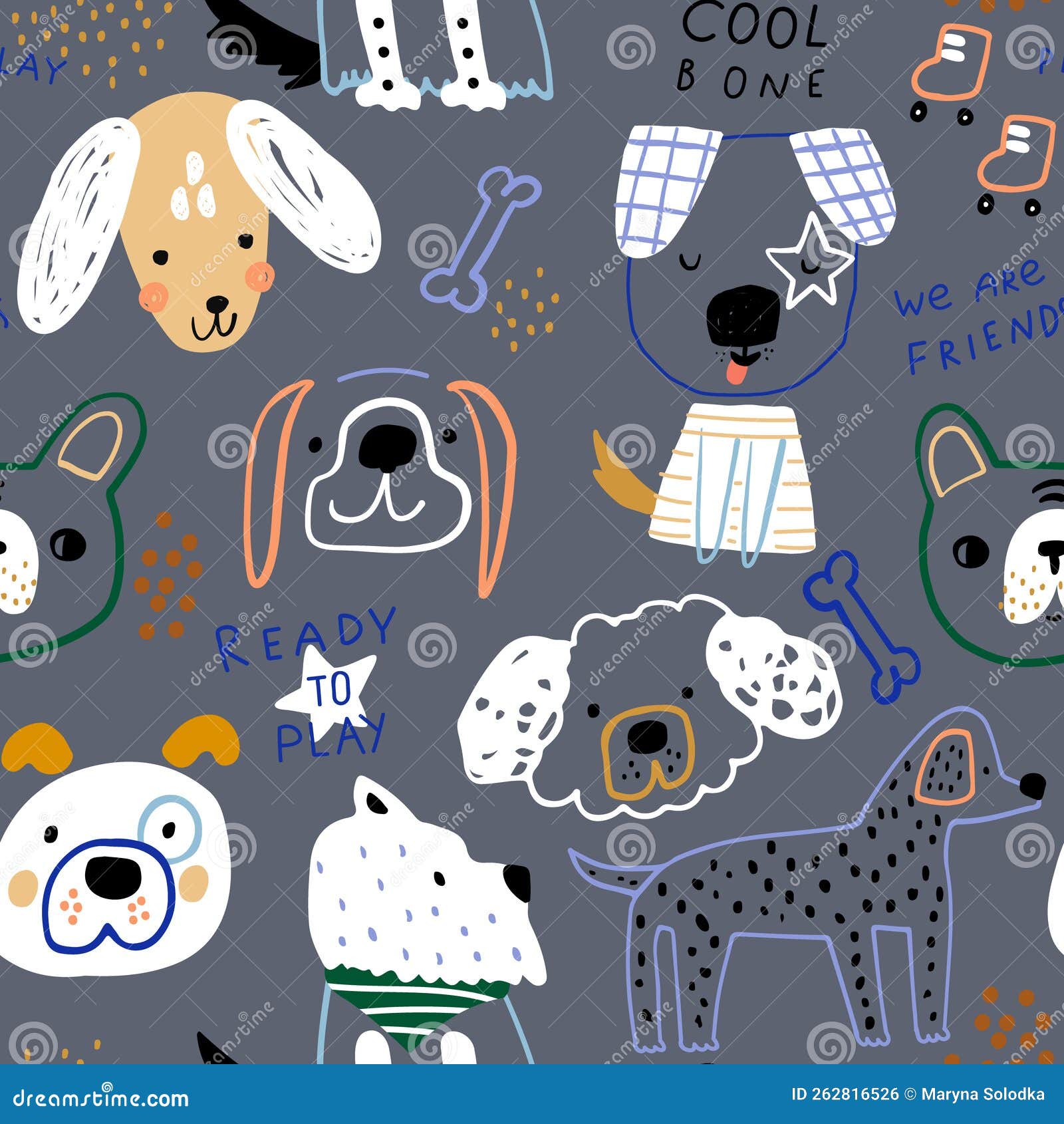 Seamless Pattern with Creative Dog Characters. Childish Funny Puppy ...