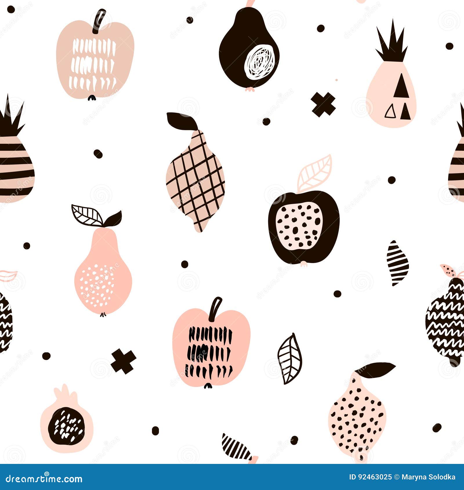 Seamless Pattern with Creative Modern Fruits. Hand Drawn Trendy ...