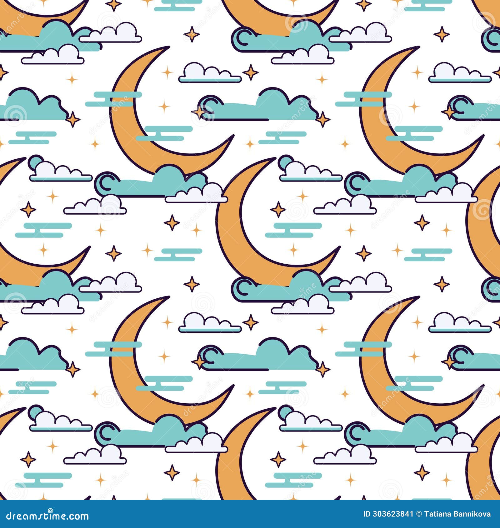 Seamless Pattern with Crescent Moon, Stars and Clouds. Vector ...