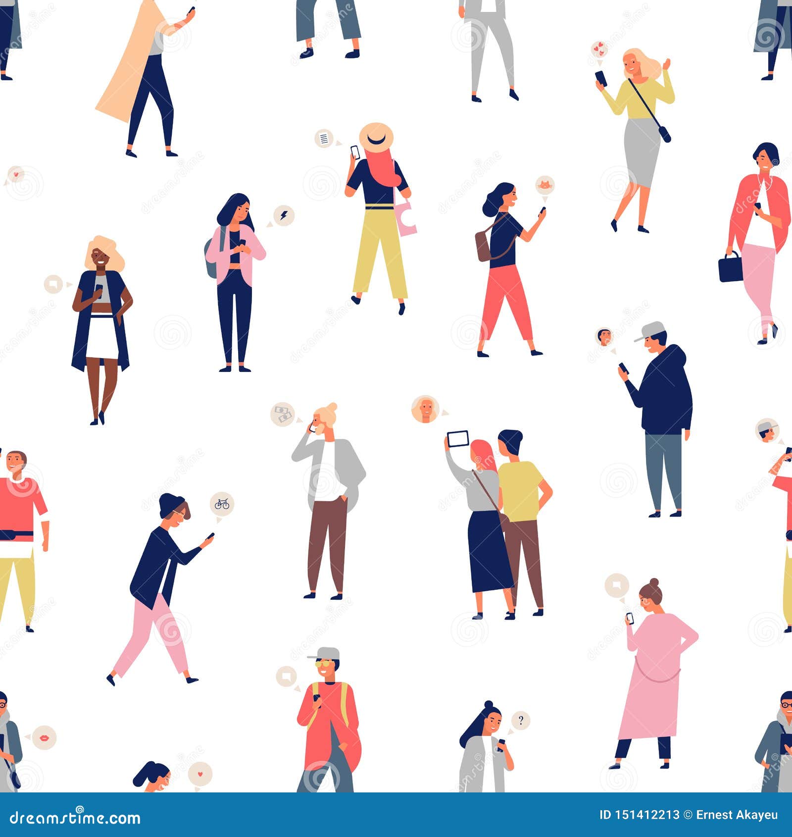 Seamless Pattern with Crowd of People Using Smartphones or Mobile ...