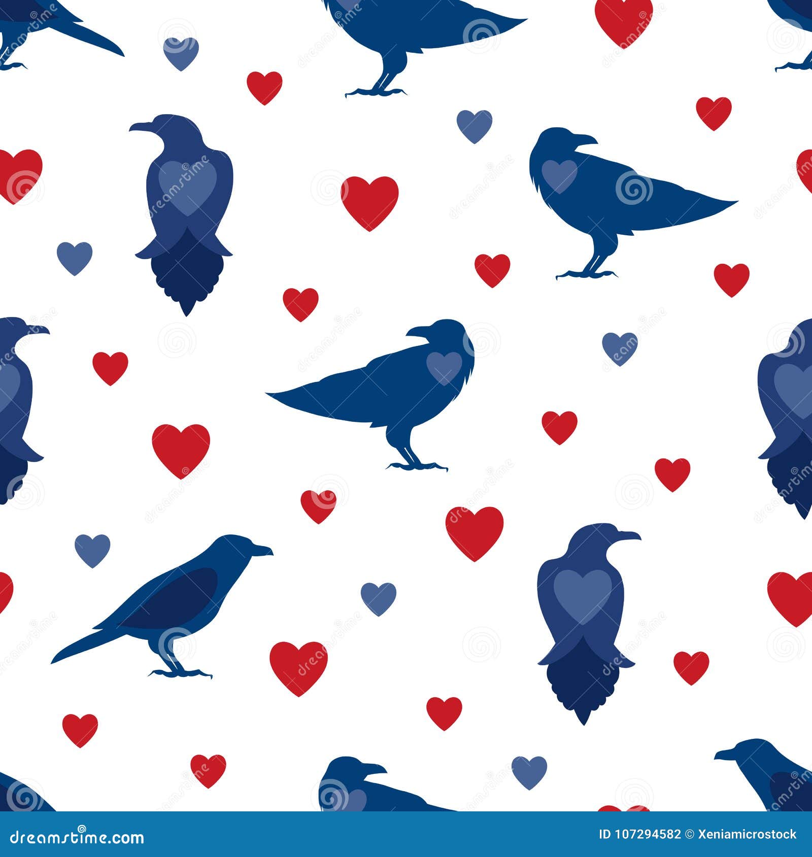 Seamless Pattern with Crows and Heart Symbols in Blue and Red Colors on ...